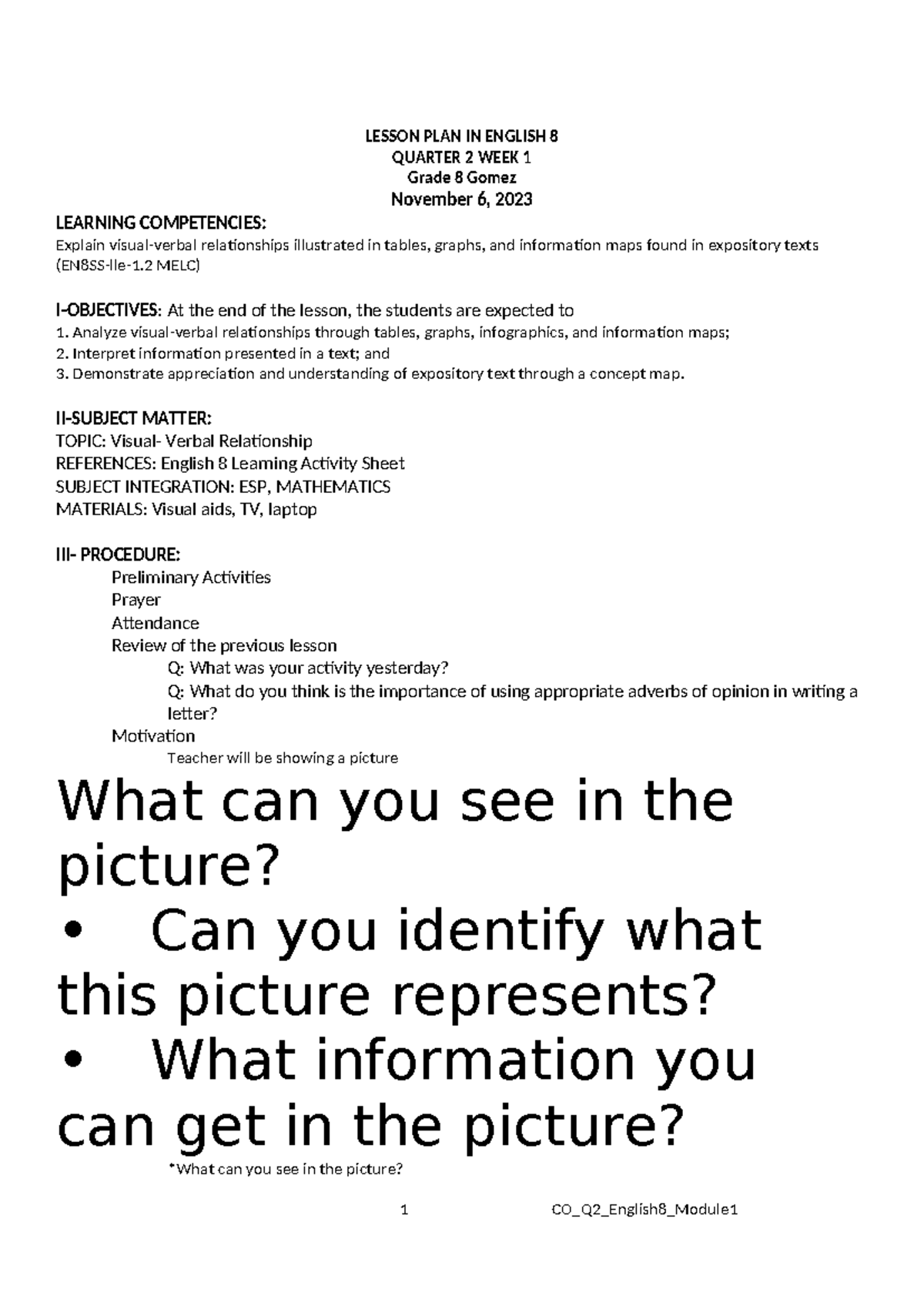 Lesson PLAN IN English 8 q2w1 - LESSON PLAN IN ENGLISH 8 QUARTER 2 WEEK ...