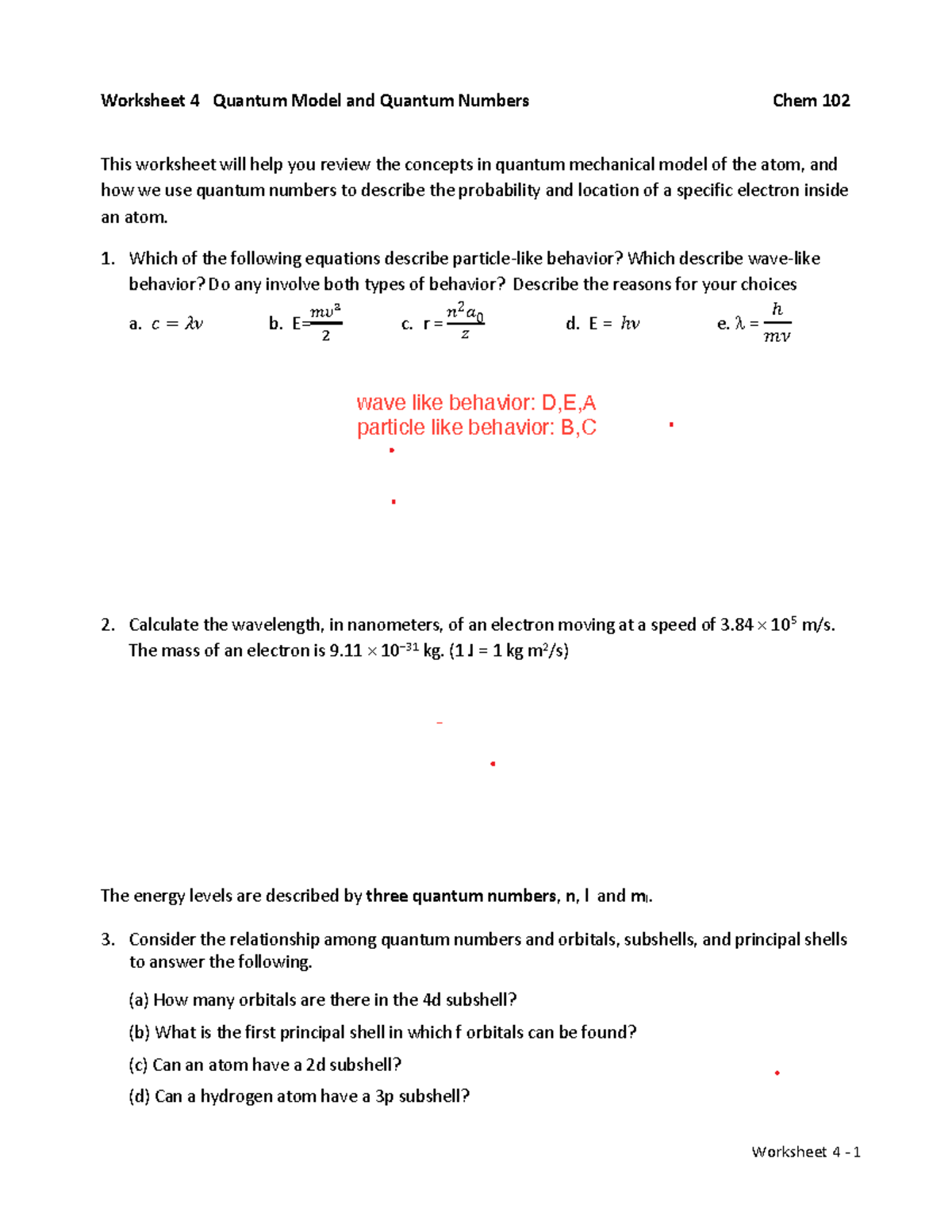 Worksheet 4 Quantum Model & Quantum Numbers Blank - Worksheet 4 - 1 ...