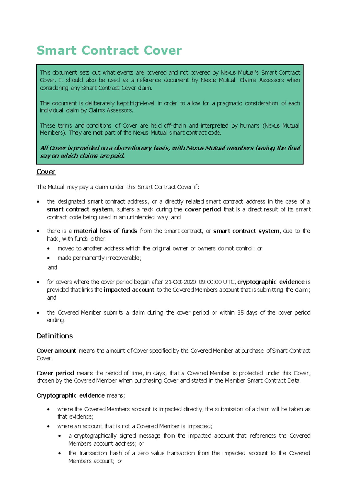 Smart Contract Cover Wordingv 1 - Smart Contract Cover Cover The Mutual ...