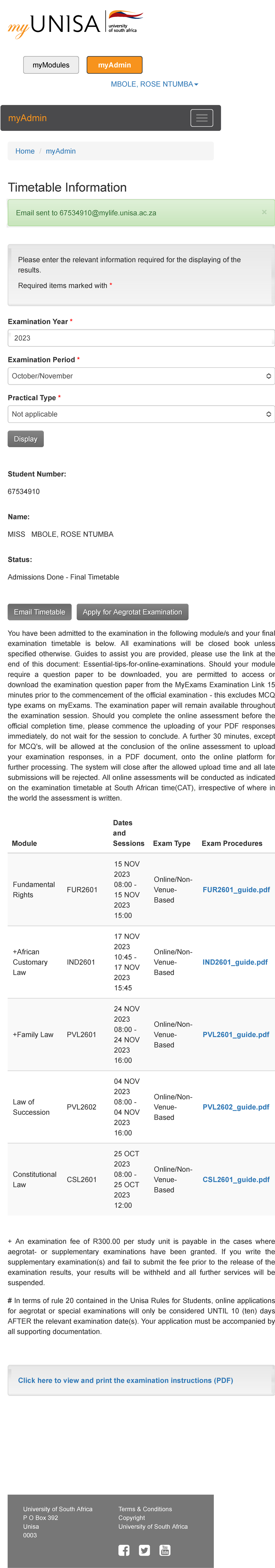 My Admin - Summary - Timetable Information Email sent to 67534910 ...