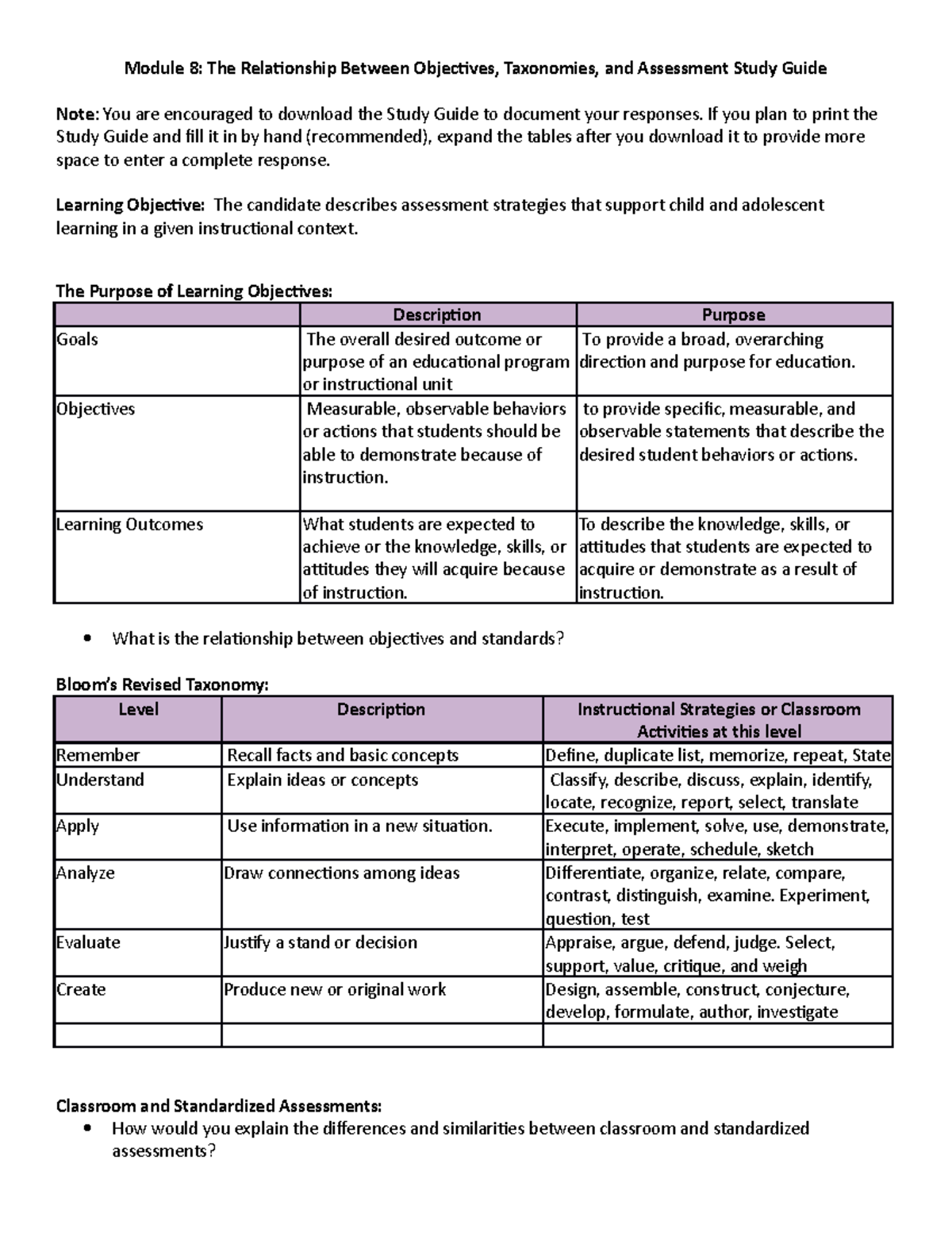 D307 M8 Study Guide - Module 8: The Relationship Between Objectives, Taxonomies, and Assessment ...