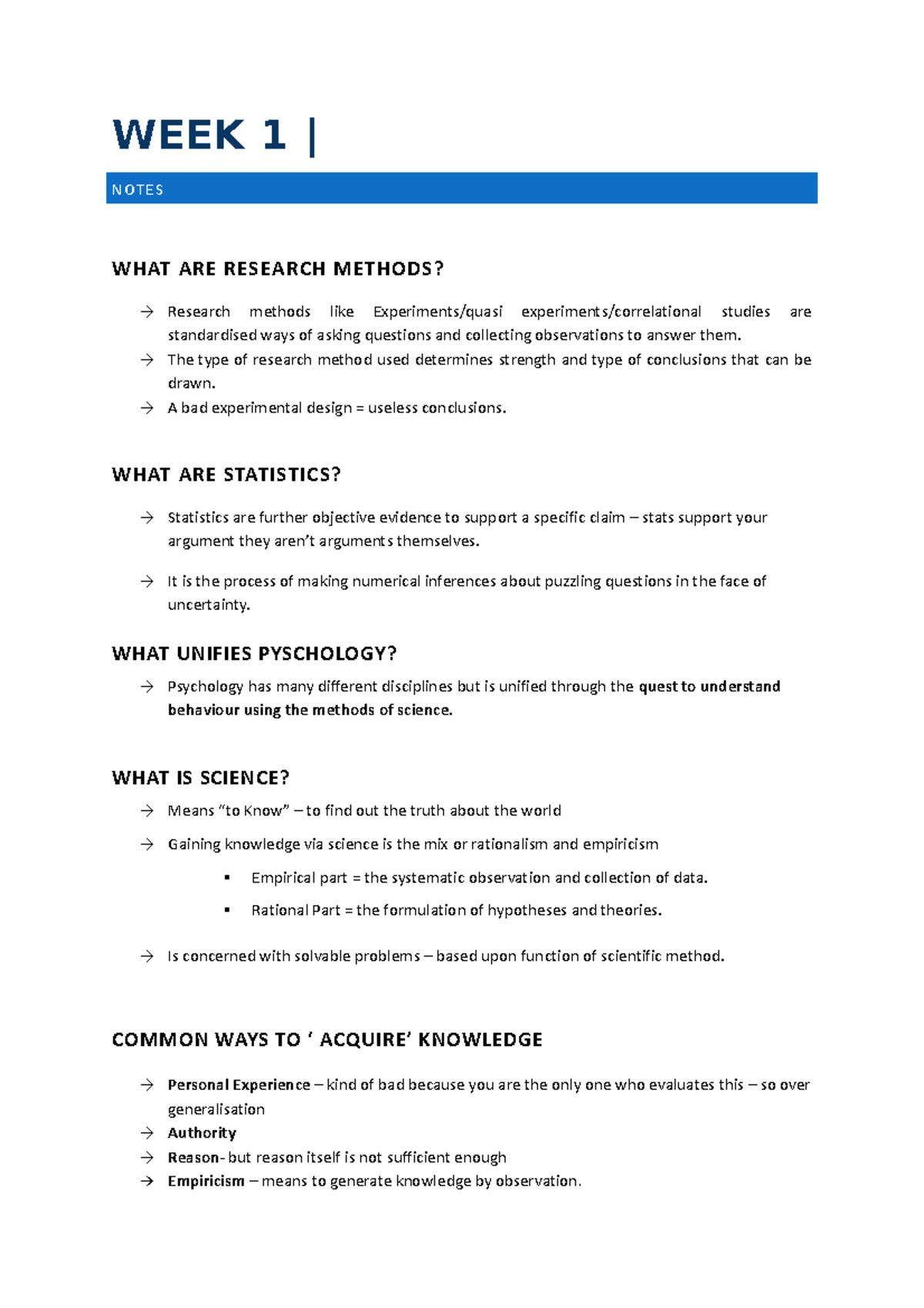 WK 1 - Week 1 Notes - WEEK 1 | NOTES WHAT ARE RESEARCH METHODS? → ...