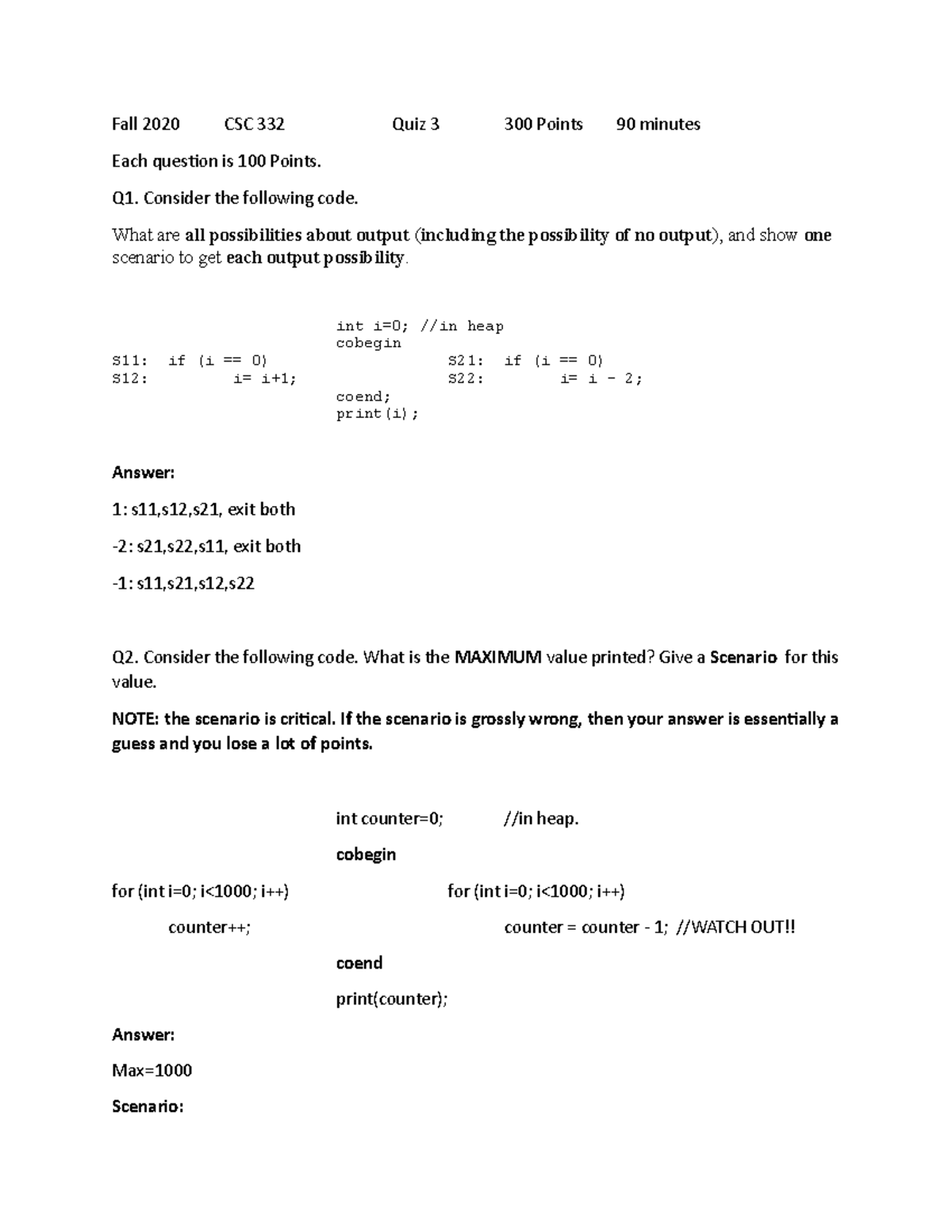 2020-CSC33200-Quiz3Solutions - Fall 2020 CSC 332 Quiz 3 300 Points 90 ...