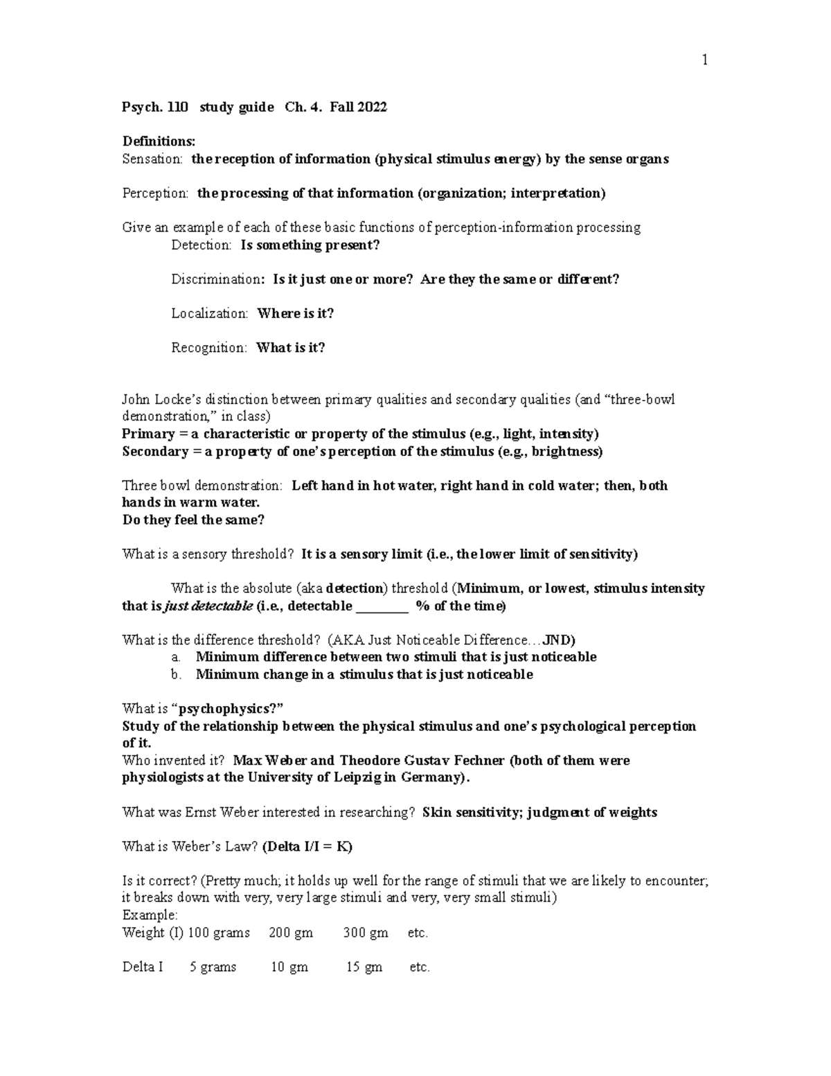 Psych 4 - Psych. 110 study guide Ch. 4. Fall 2022 Definitions ...