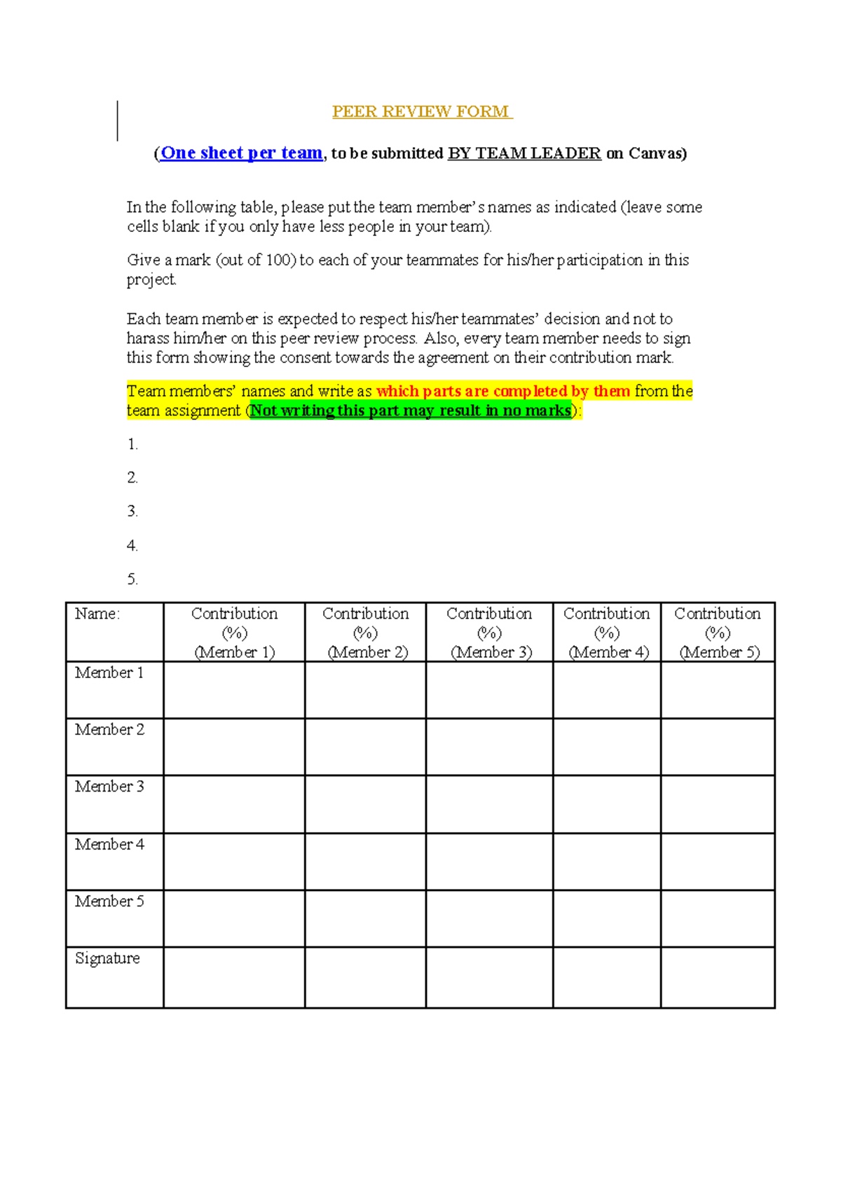 Peer Review Form - Group - PEER REVIEW FORM (One sheet per team, to be ...