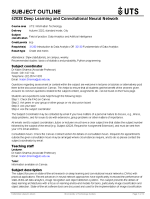 42028 Subject Outline - SUBJECT OUTLINE 42028 Deep Learning and Convolutional Neural Network ...