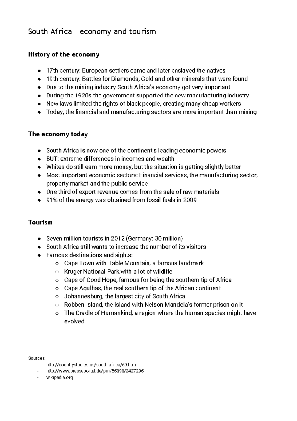 South Africa presentation handout - South Africa - economy and tourism ...