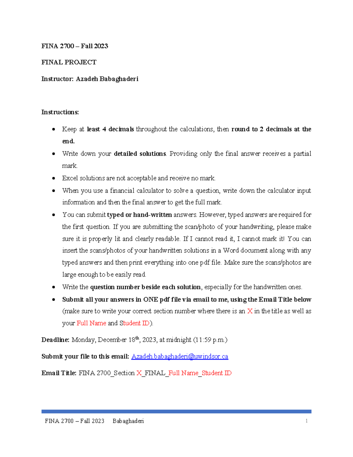 FINA 2700 - Final Project Overview - FINA 2700 – Fall 2023 FINAL ...