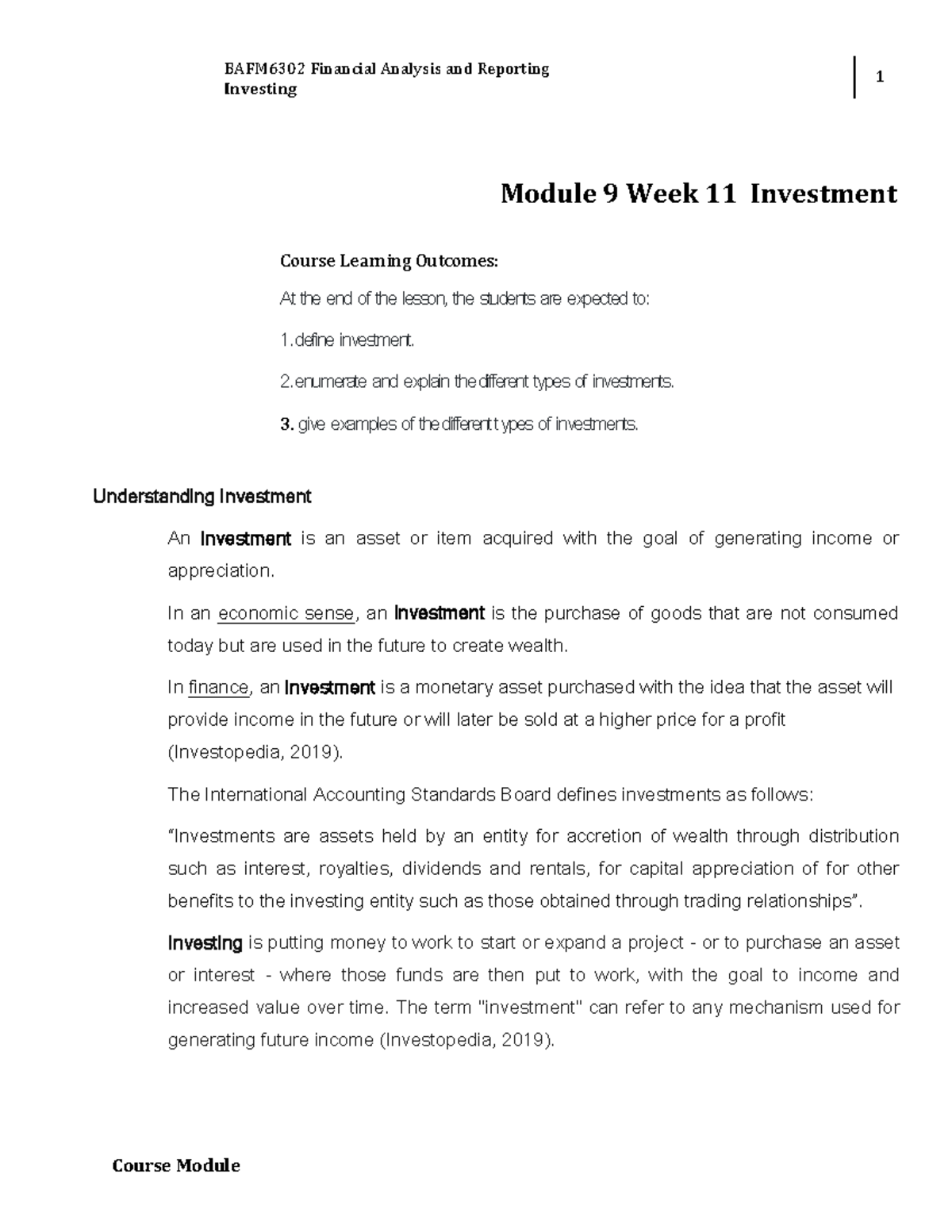 W11 Module 9 Investment - BAFM6302 Financial Analysis and Reporting ...
