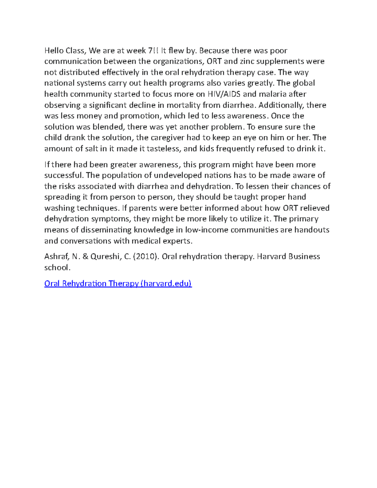 Week 7 ORT discussion pop health - Hello Class, We are at week 7!! It ...