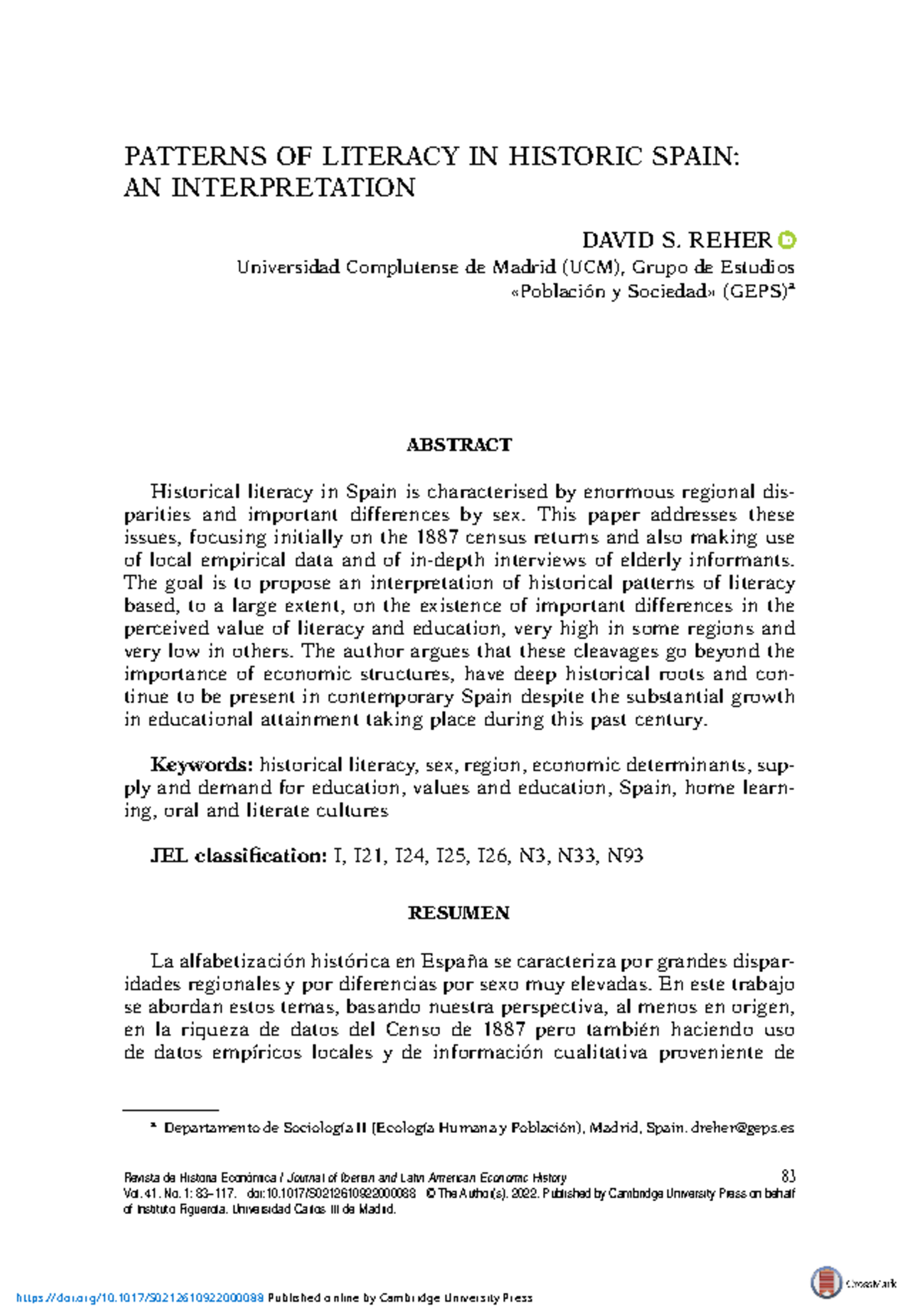 Reher, Patterns of literacy in historic Spain. An interpretation (RHE ...