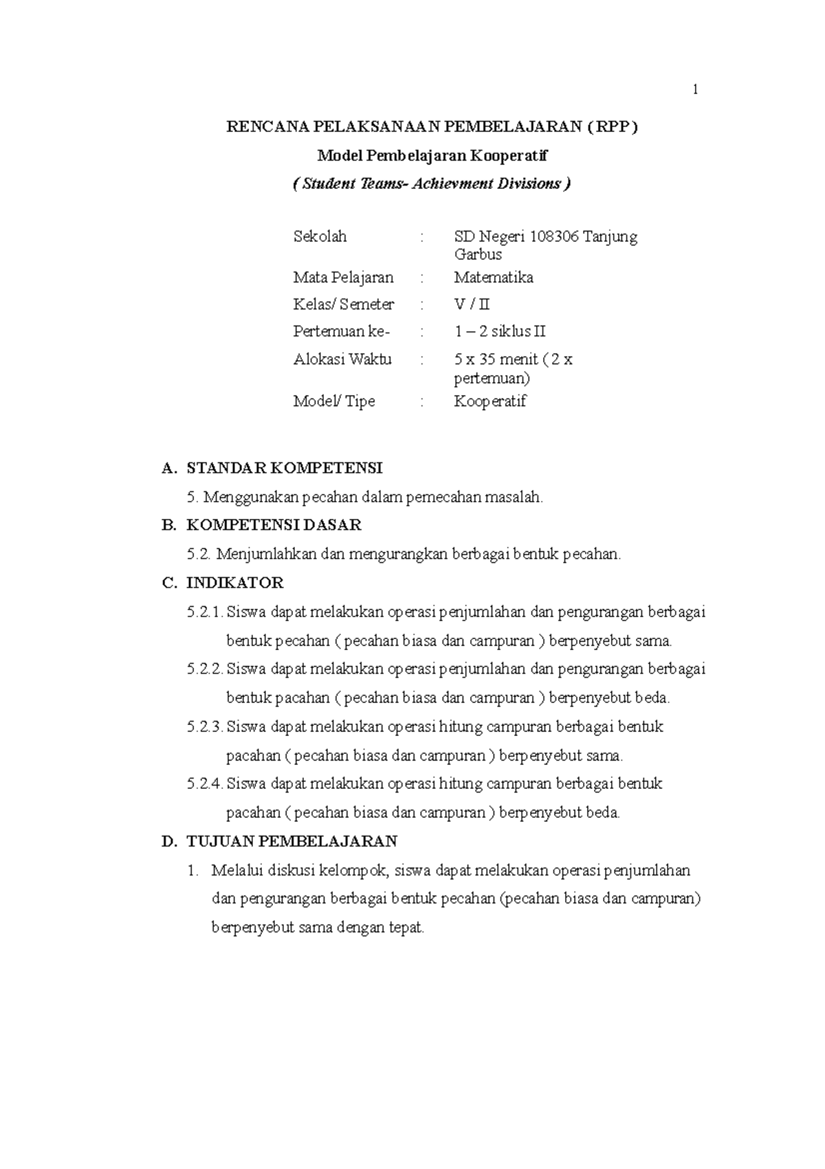 RPP MM KLS 5 Model Pembelajaran Kooperatif - RENCANA PELAKSANAAN ...