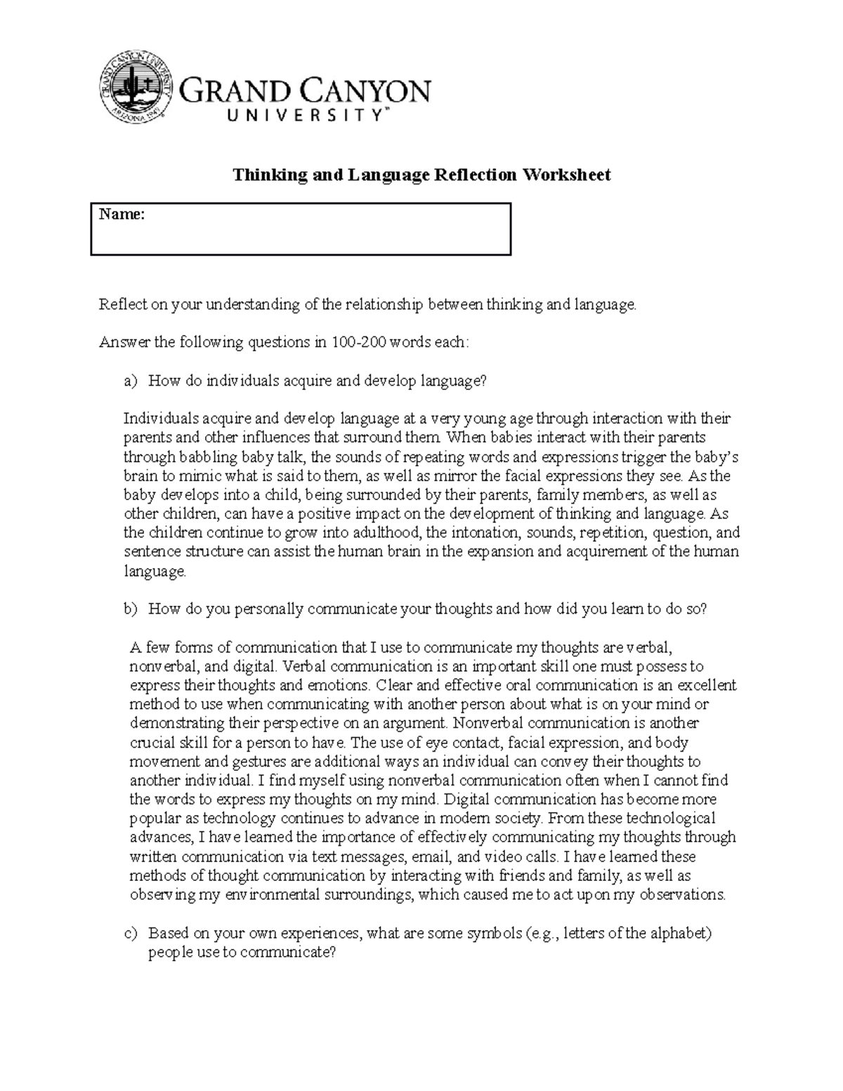 PHI105 T5 Thinkingand Language Reflection Worksheet - Thinking and ...