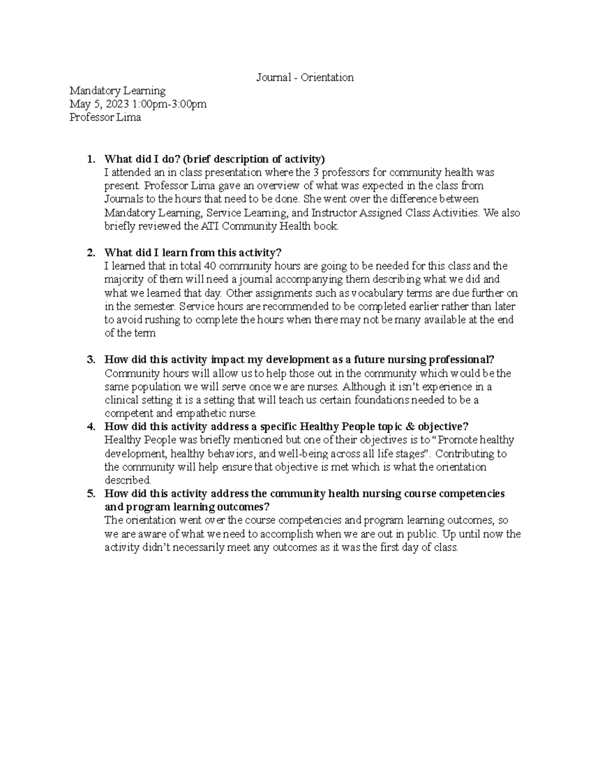 Journal - Orientation - Journal - Orientation Mandatory Learning May 5 ...