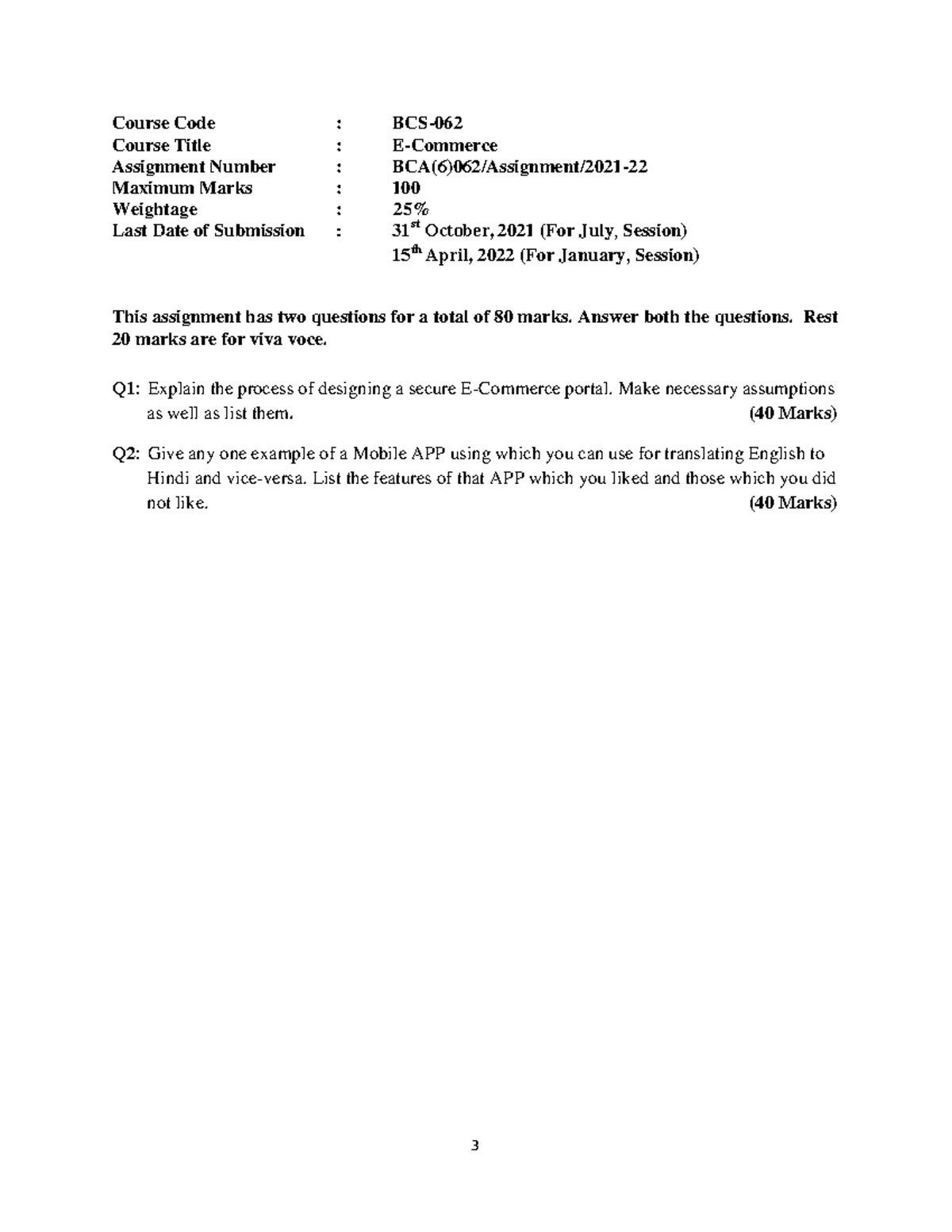 BCA Semester-VI Assignments 2021-22 - Course Code : BCS- Course Title : E-Commerce Assignment ...