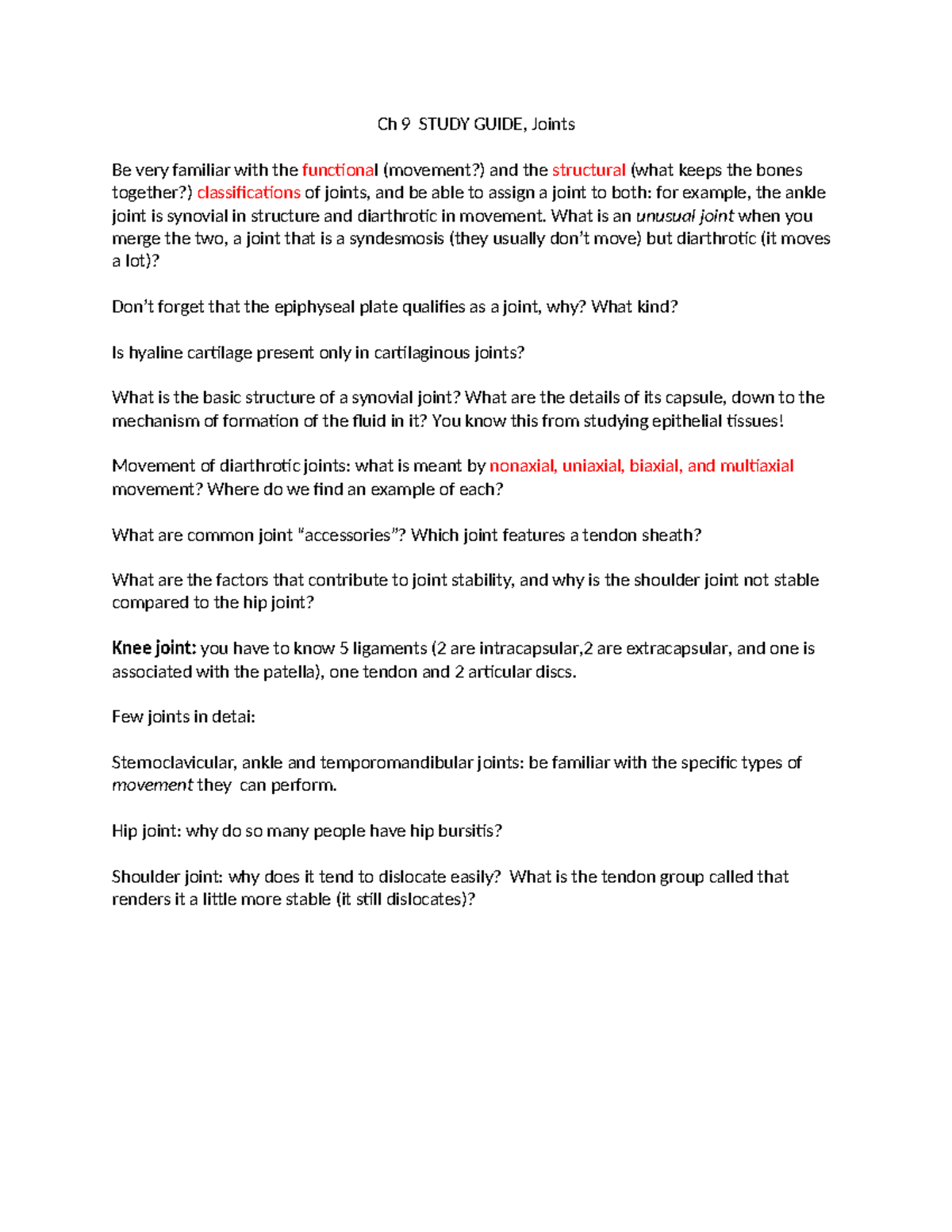 Ch+9+Study+Guide - Human Physiology Dr.Young - Ch 9 STUDY GUIDE, Joints Be very familiar with ...