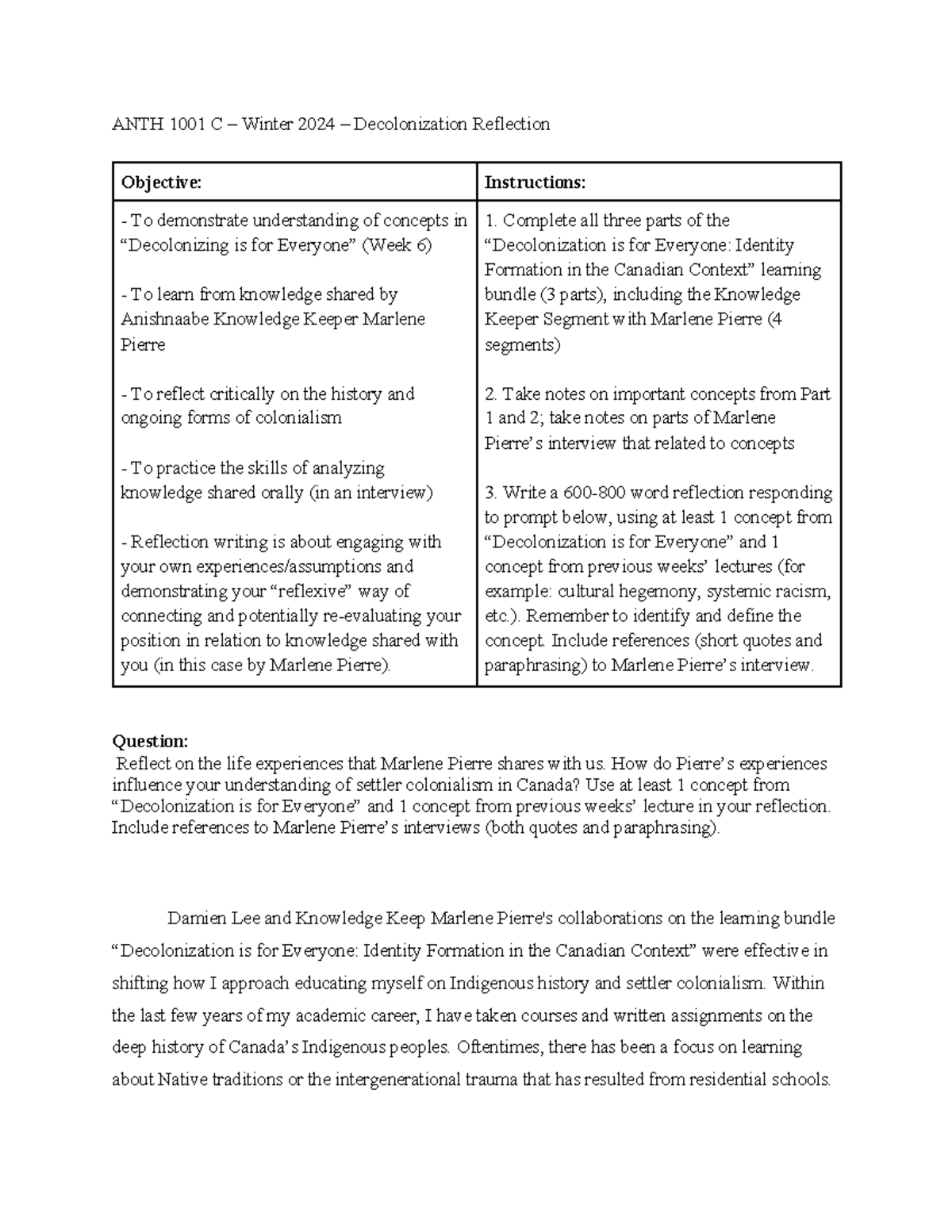 ANTH 1001C Decolonization Reflection - ANTH 1001 C – Winter 2024 ...
