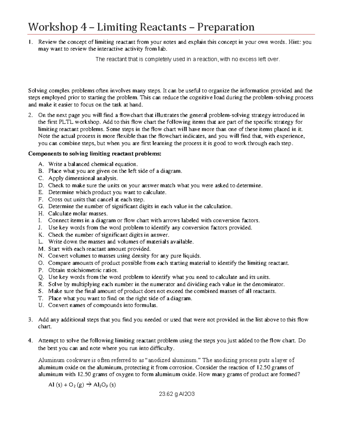 Workshop 4 Prep DONE - Workshop 4 – Limiting Reactants – Preparation ...