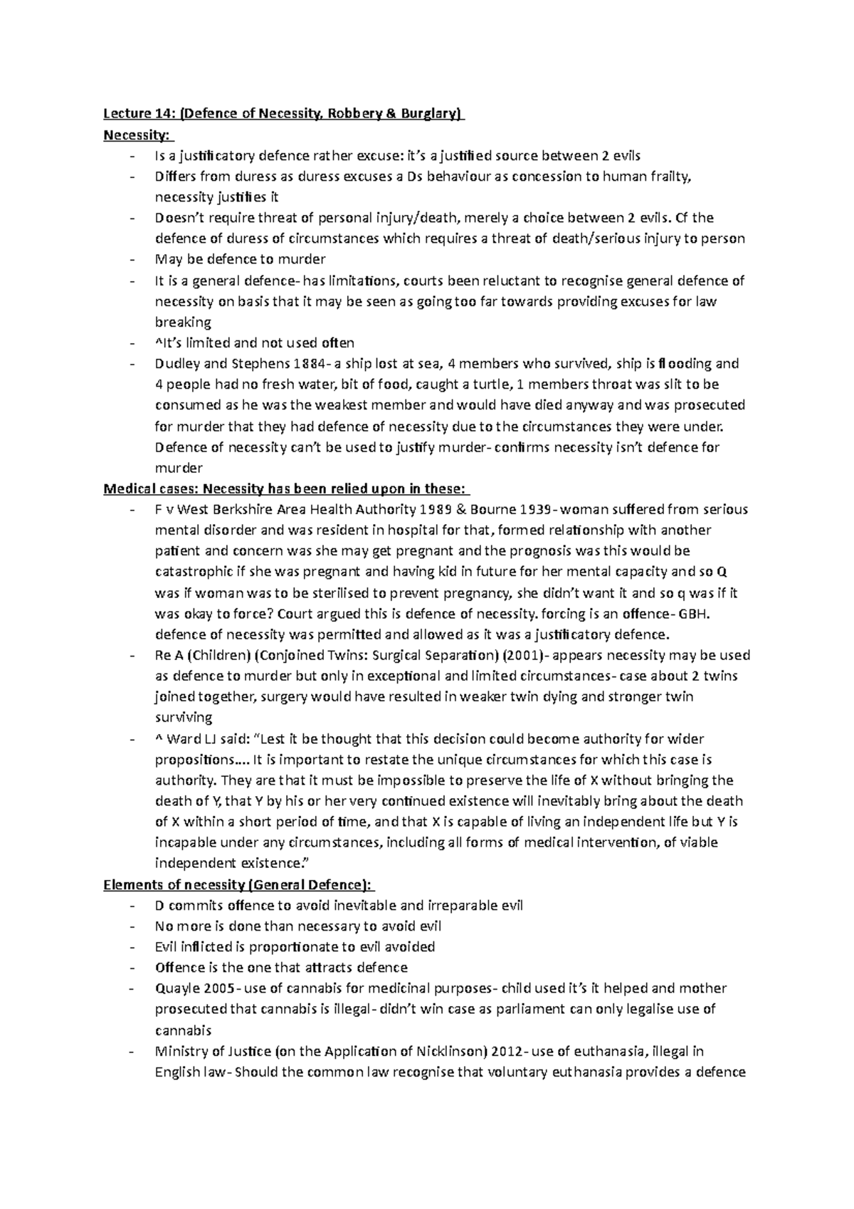 Lecture 14- Defence of Necessity, Robbery & Burglary - Lecture 14 ...