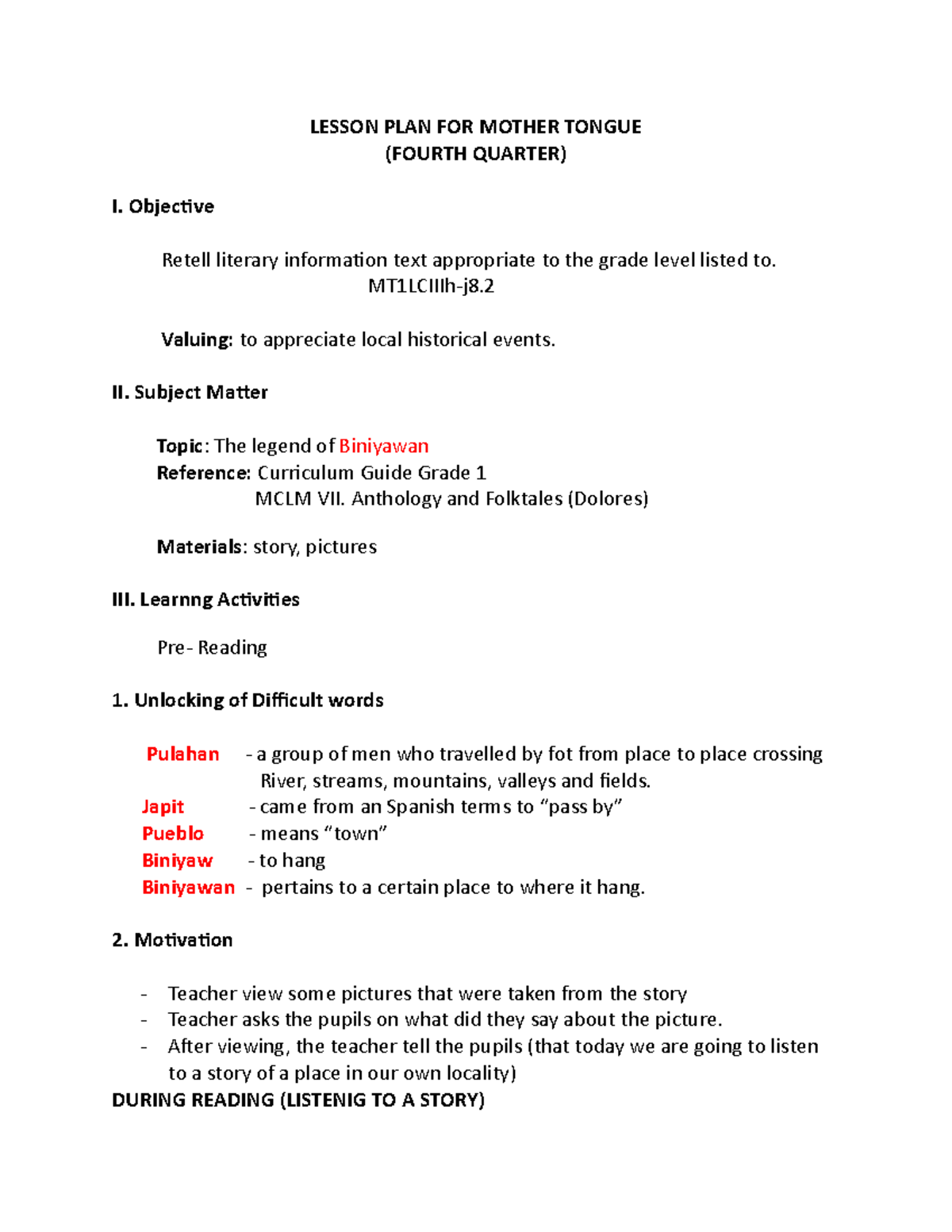 Lesson PLAN FOR Mother 1 align - LESSON PLAN FOR MOTHER TONGUE (FOURTH ...