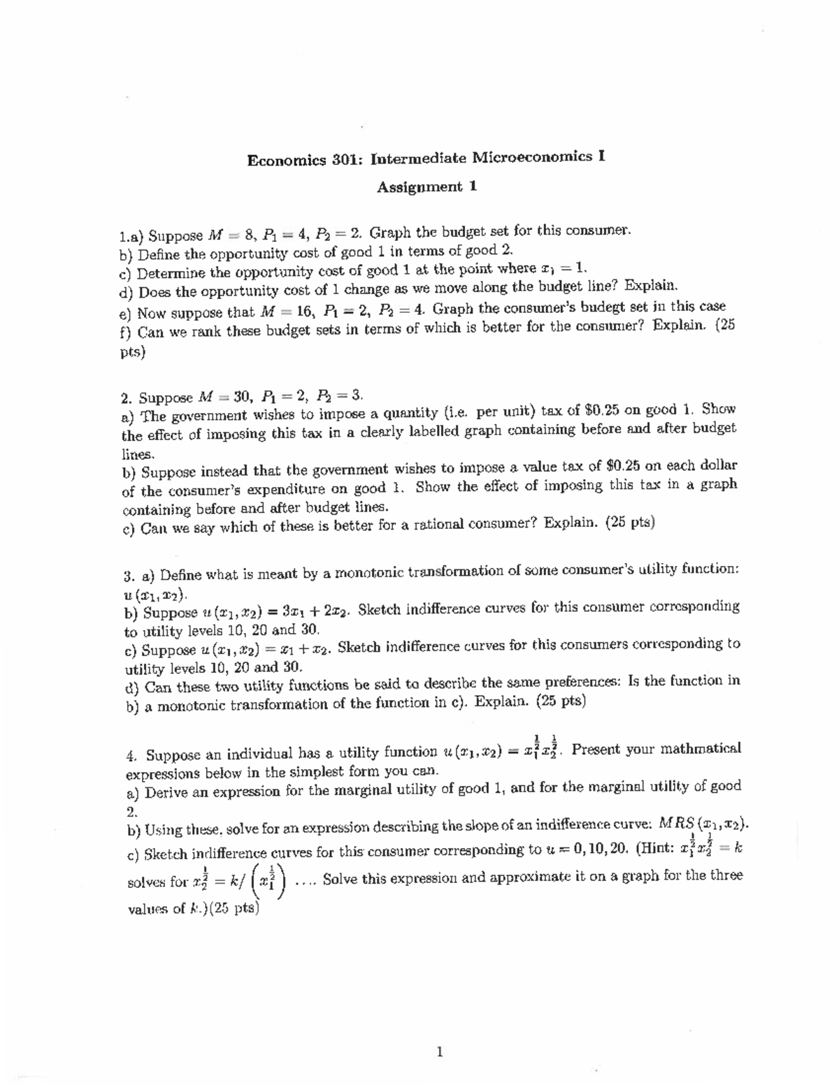 Assignment #1 questions (no answers) - ECON 301 - Studocu