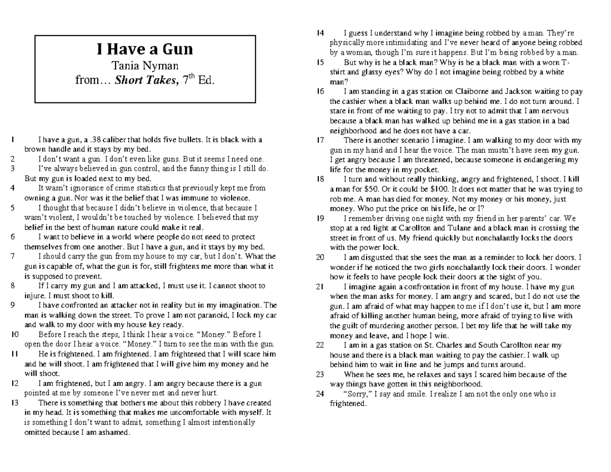 I Have a Gun - poem - 1 I have a gun, a .38 caliber that holds five ...