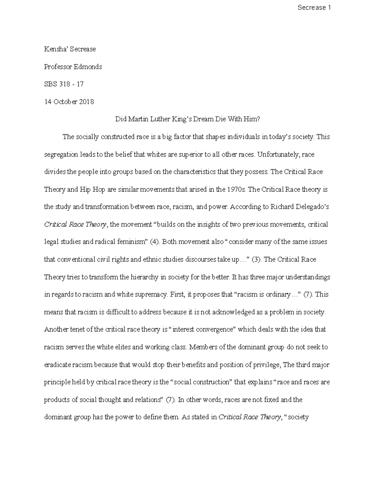 SBS 318-17 Midterm - Grade: B+ - Secrease 1 Kensha’ Secrease Professor Edmonds SBS 318 - 17 14 ...