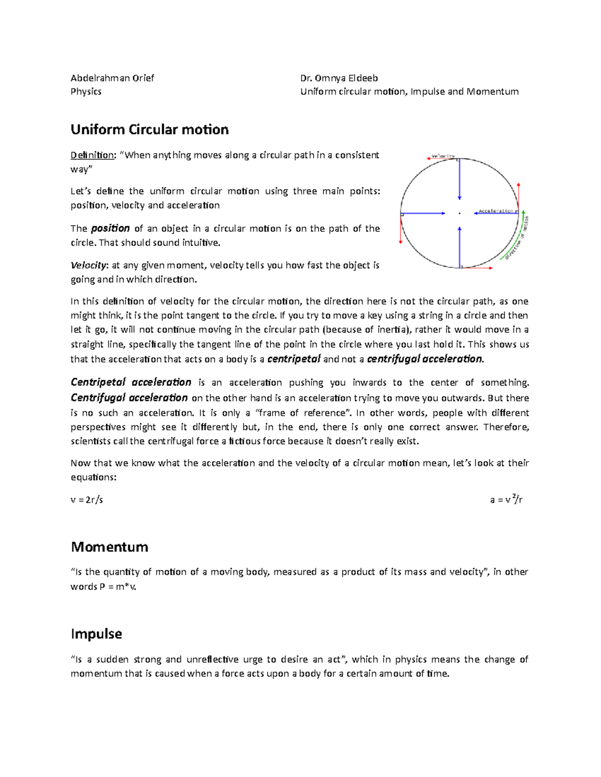 Circular motion, impulse and momentum - Abdelrahman Orief Dr. Omnya ...