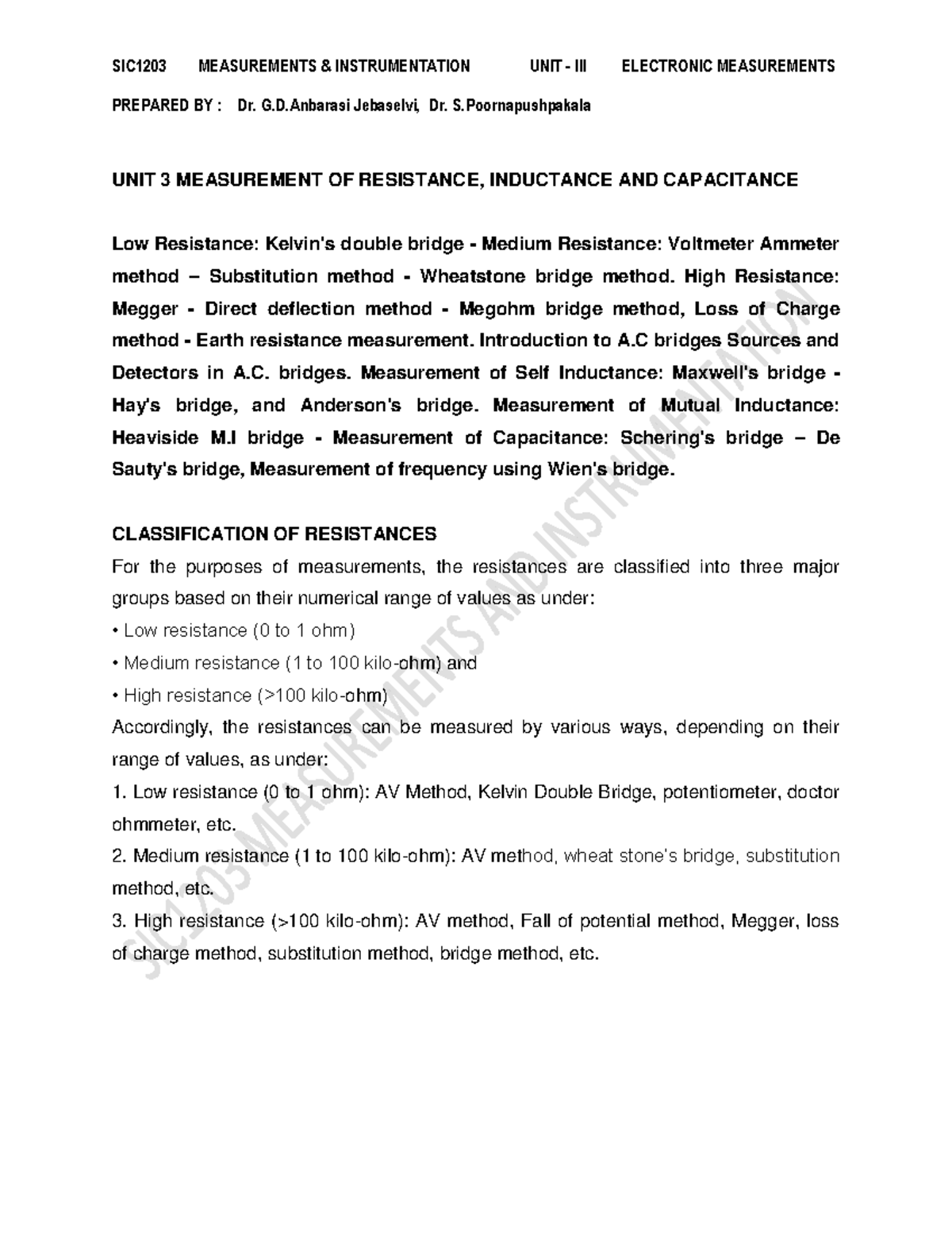 Measurement of resistance full notes - PREPARED BY : Dr. G.D Jebaselvi ...