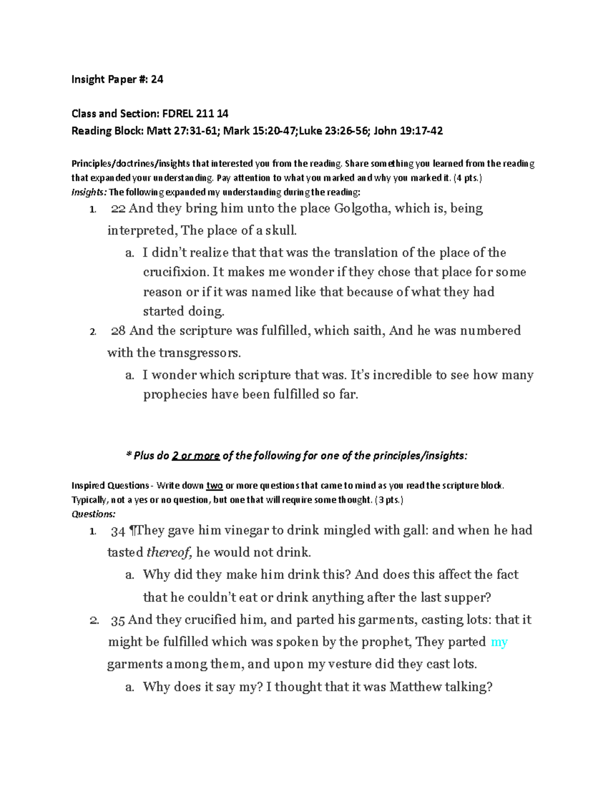 24 Insight Paper - For the class of Brother Parker. - Insight Paper ...