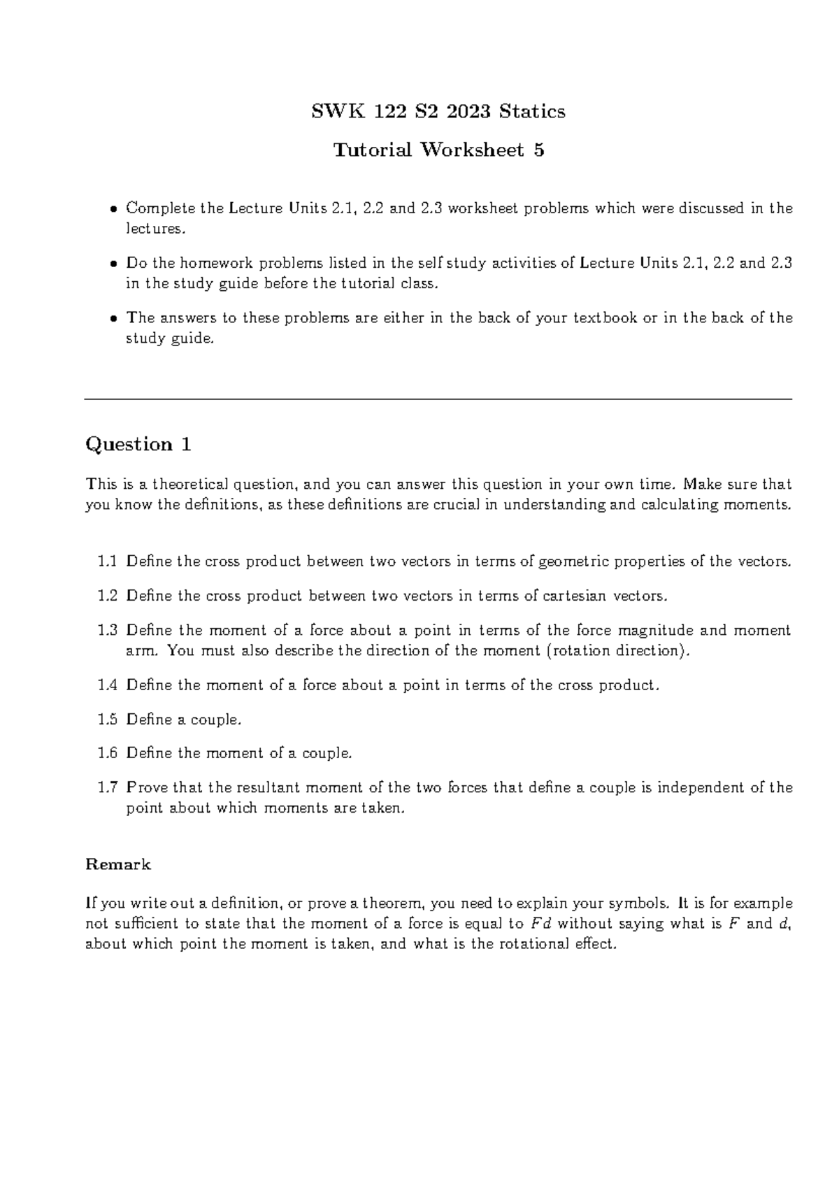 Swk Tut5 Tutorial Questions Swk 122 S2 2023 Statics Tutorial Worksheet 5 Complete The 4801