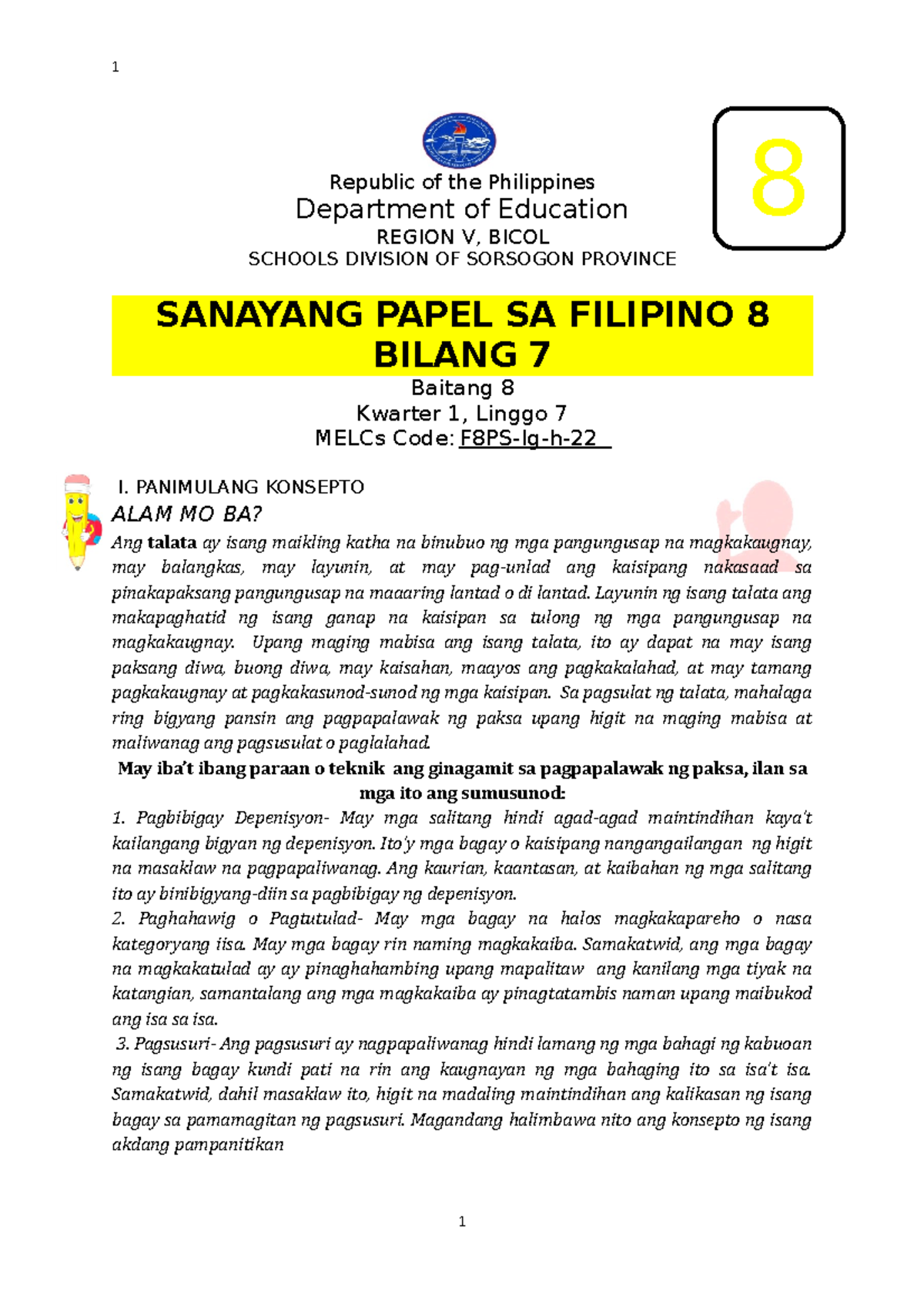 Sanayang Papel Filipino 8 7 new - ####### Republic of the Philippines ...