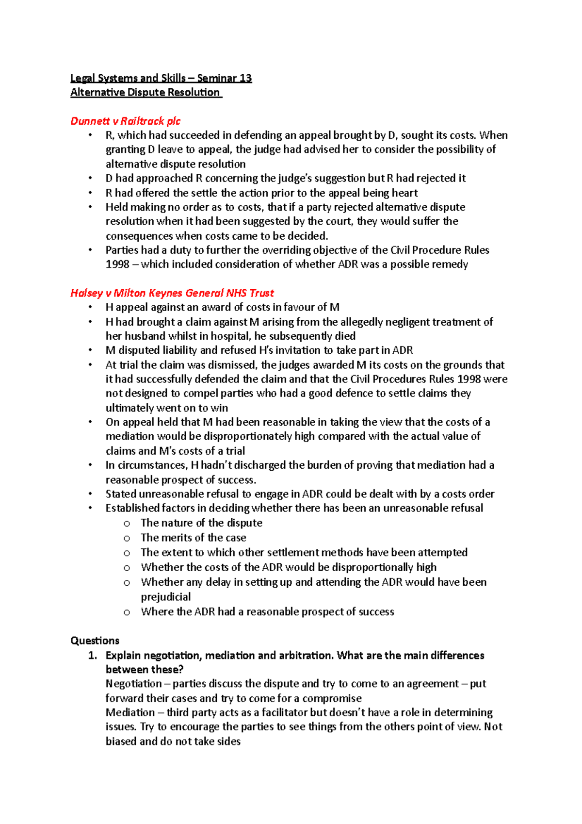Seminar 13 - ADR - Case summaries. Explain negotiation mediation and ...
