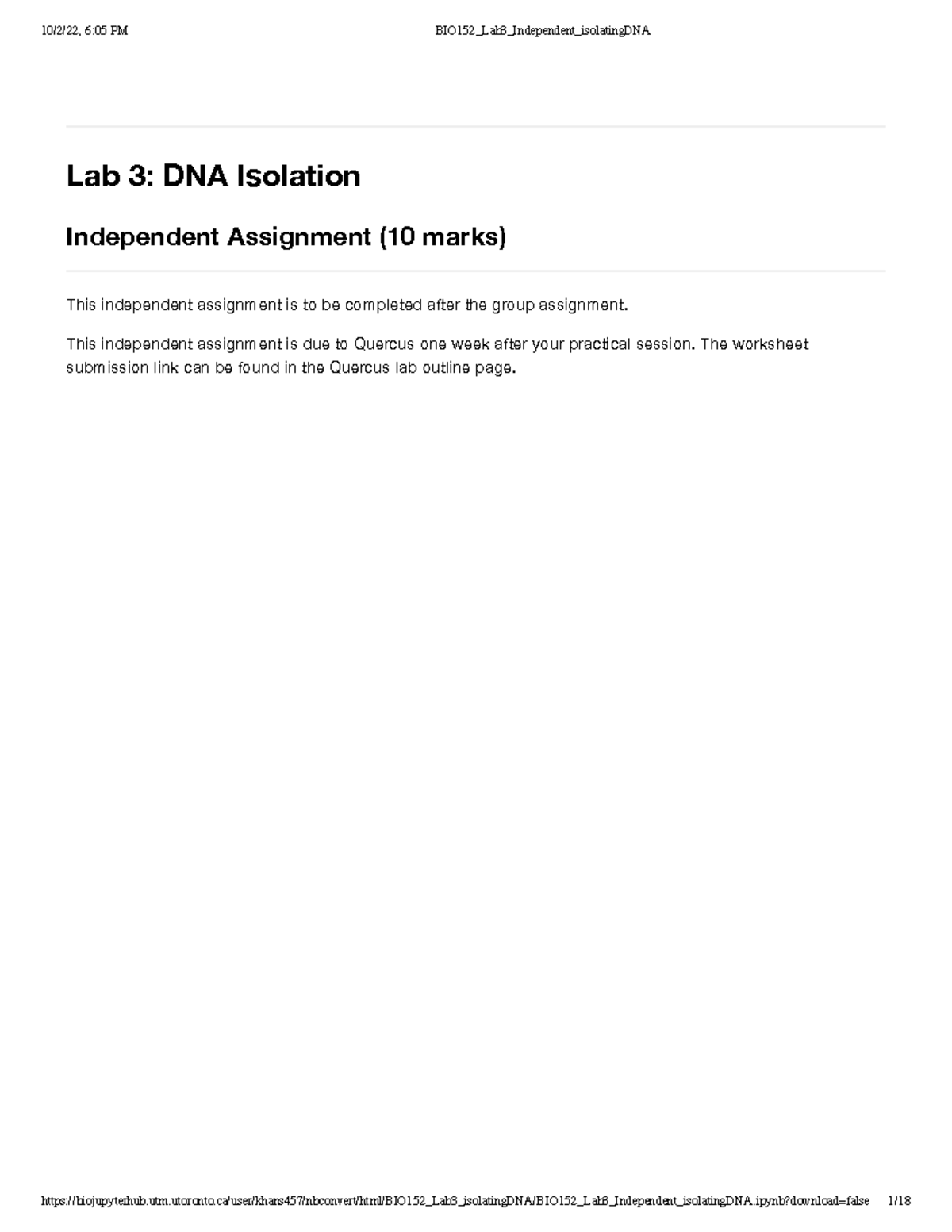 BIO152 Lab3 Independent isolating DNA - Lab 3: DNA Isolation ...