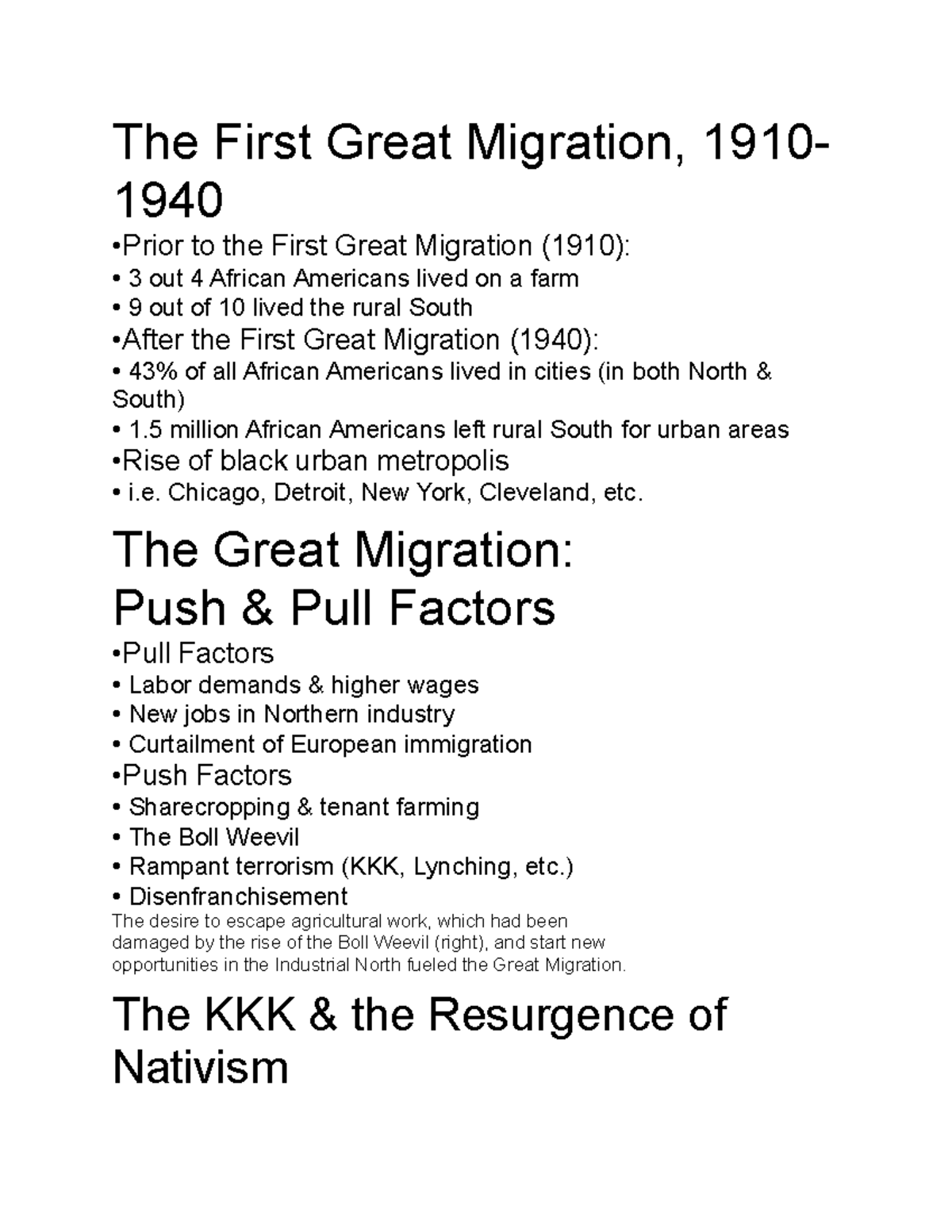 Week 9 Lecture 9 - The First Great Migration, 1910- 1940 Prior to the ...