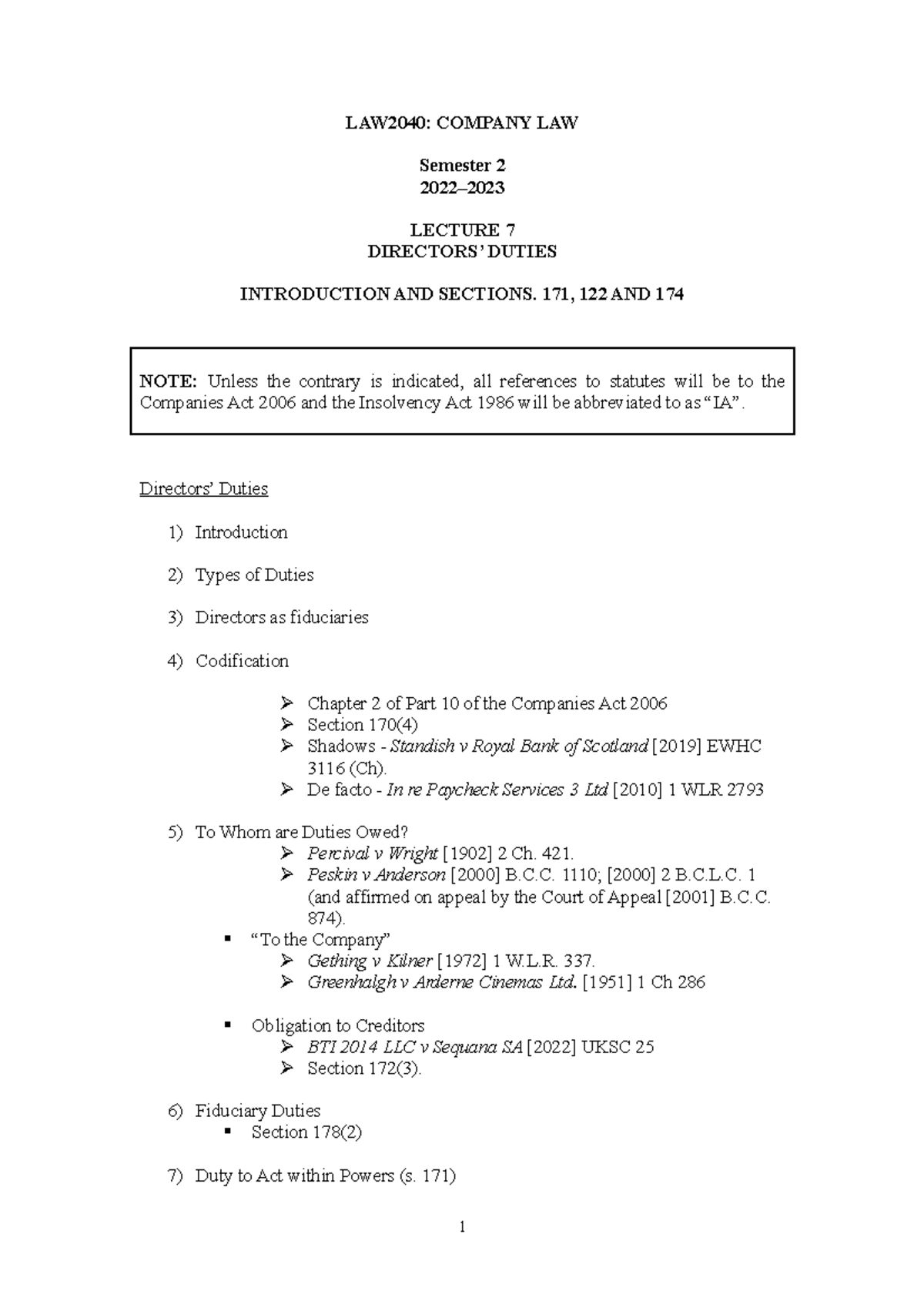 Company Law Lec 7 Outline (2023) - LAW2040: COMPANY LAW Semester 2 2022 ...