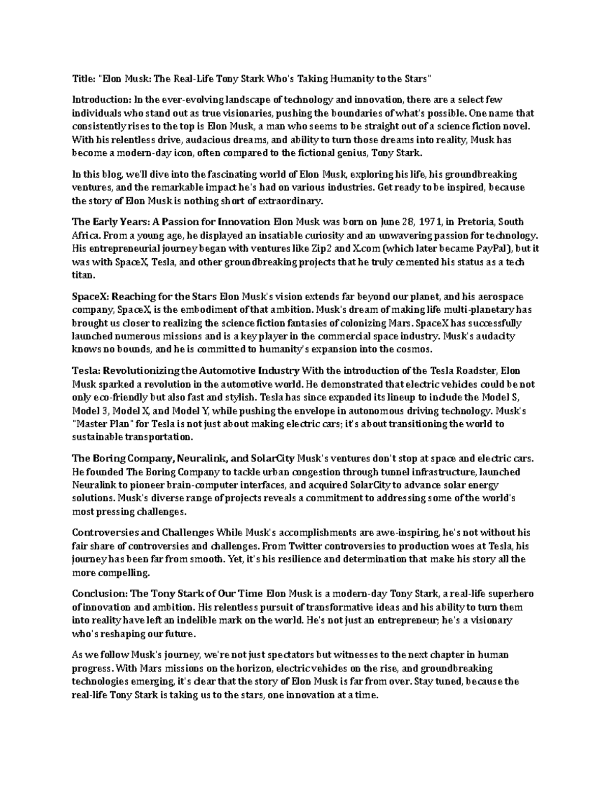 Blog writing example - Title: "Elon Musk: The Real-Life Tony Stark Who ...