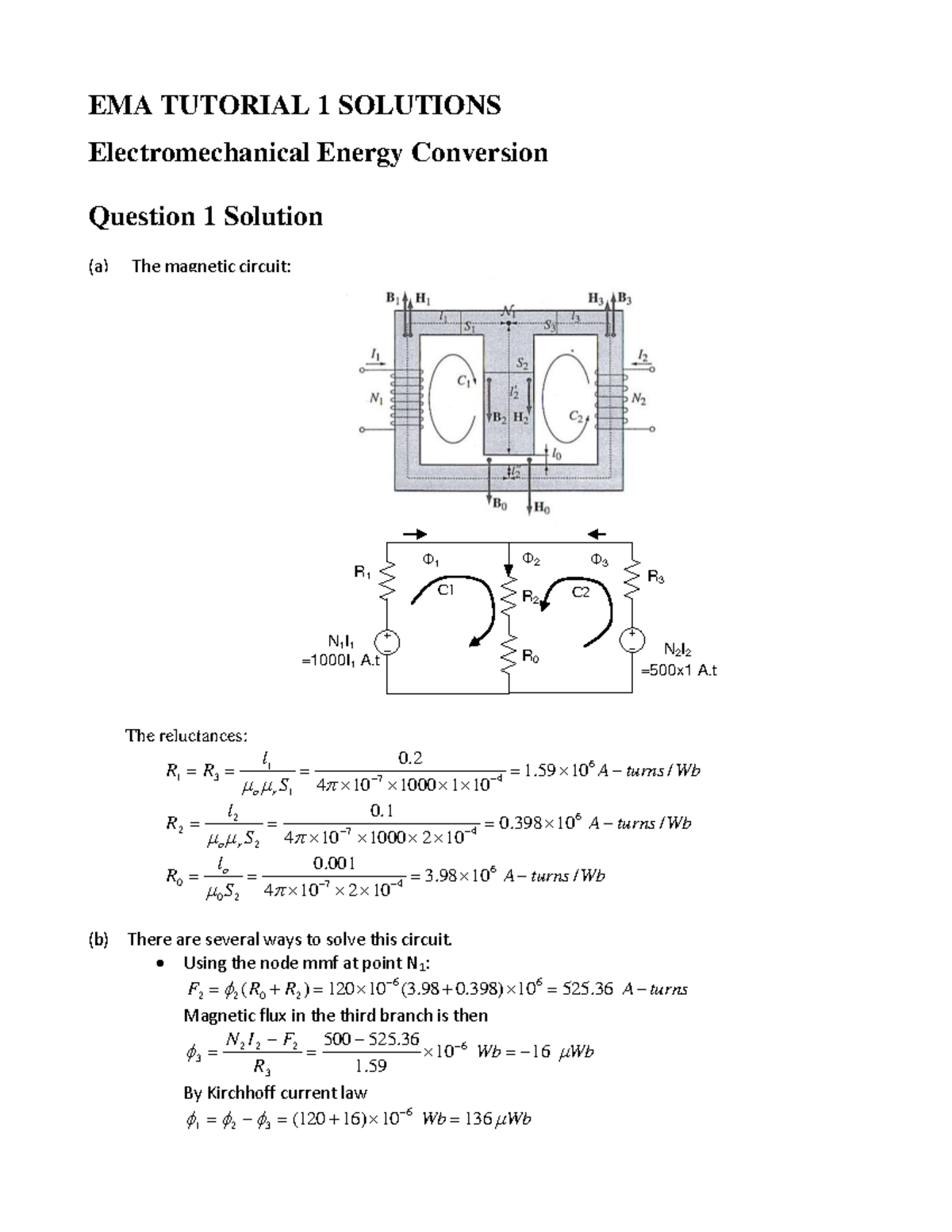 EMA TUT 1 Solutions - EMA TUTORIAL 1 SOLUTIONS Electromechanical Energy ...