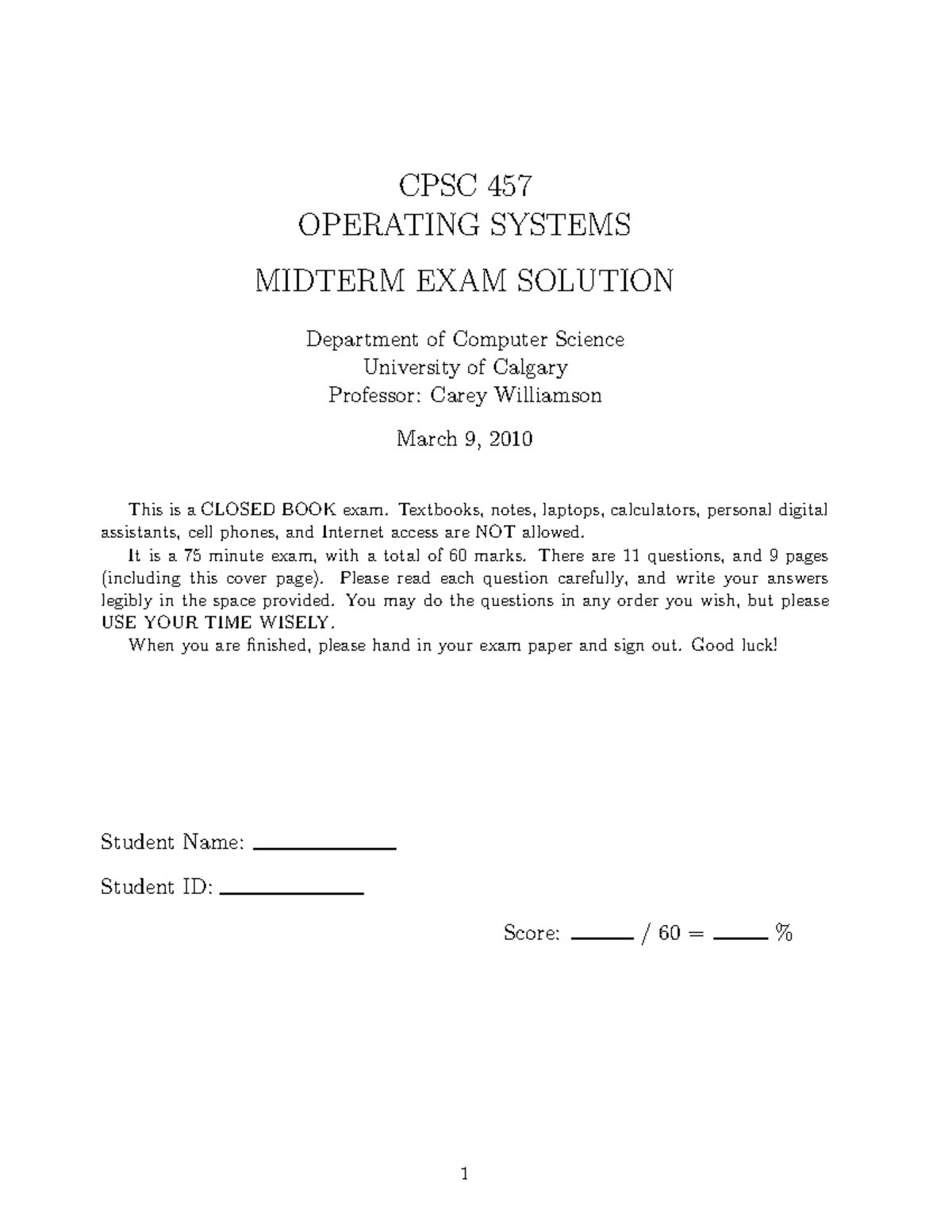 Cpsc457 Midtermsolution Cpsc 457 Operating Systems Midterm Exam Solution Department Of