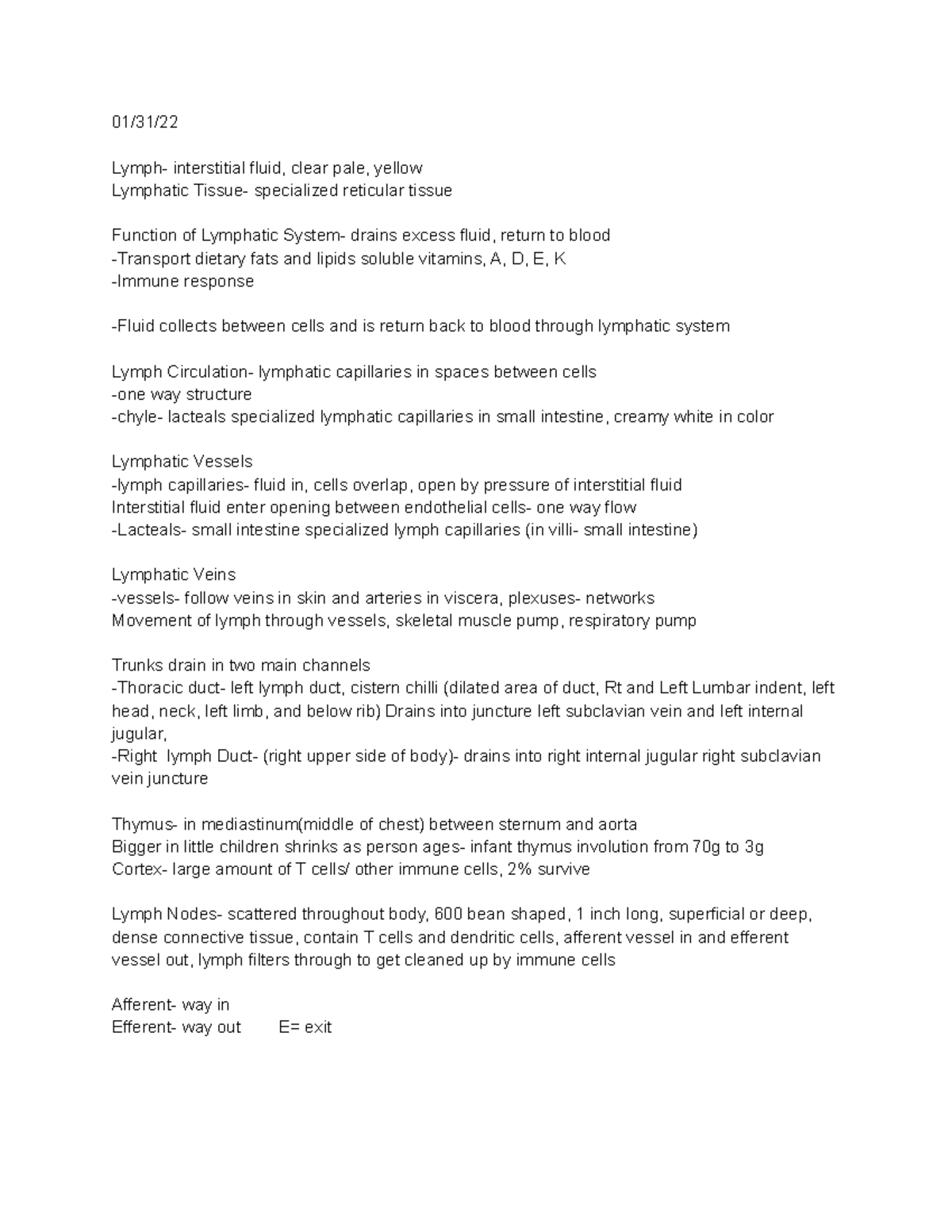 Anotomy Spring 2022 - study guide - 01/31/ Lymph- interstitial fluid ...
