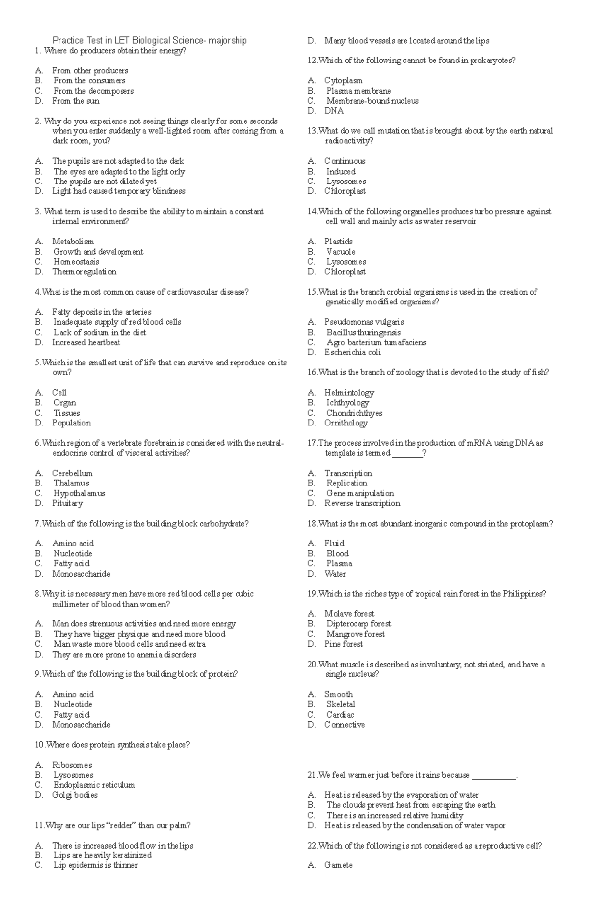 Biological science let reviewer w answer - Practice Test in LET ...