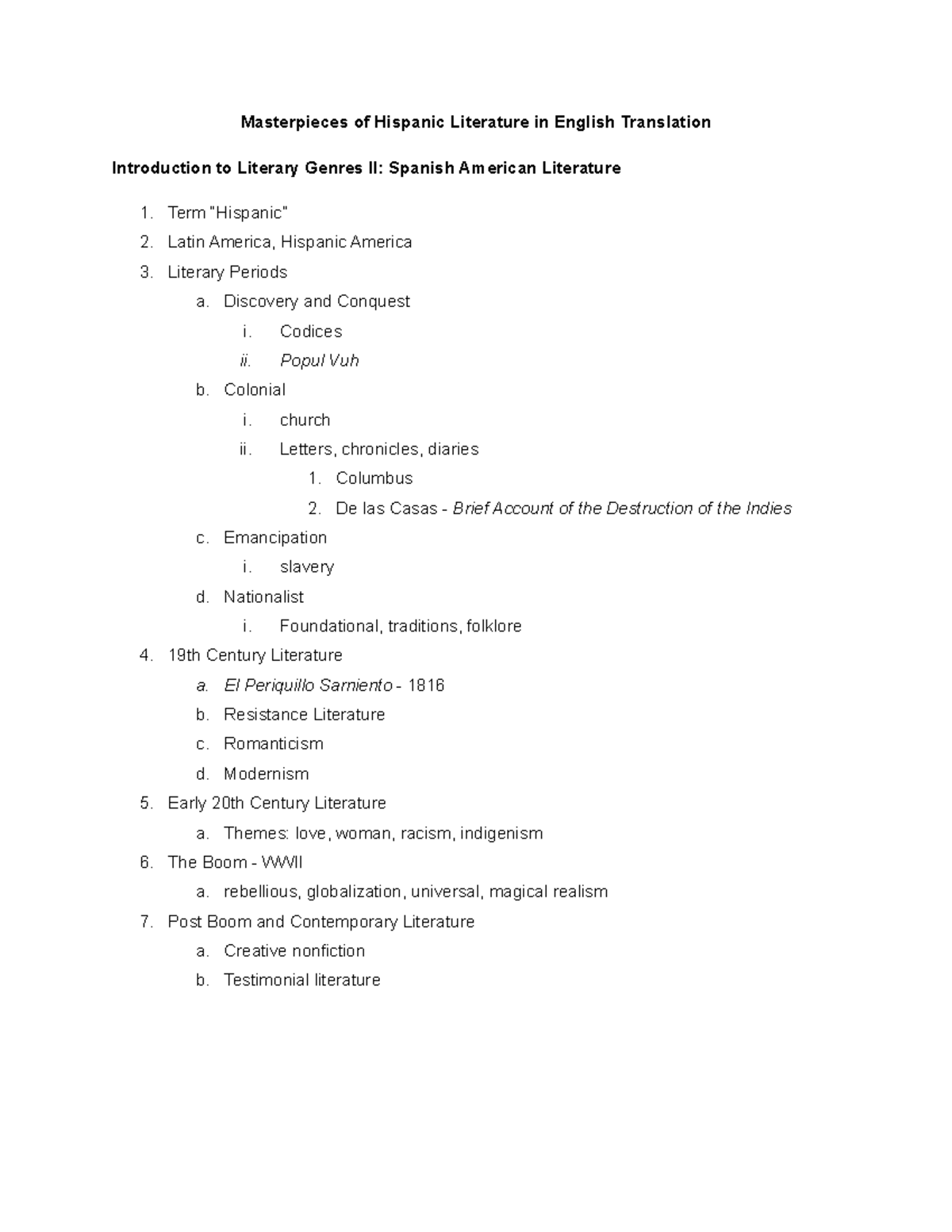 Outline Introduction to Literary Genres Spanish American Literature ...