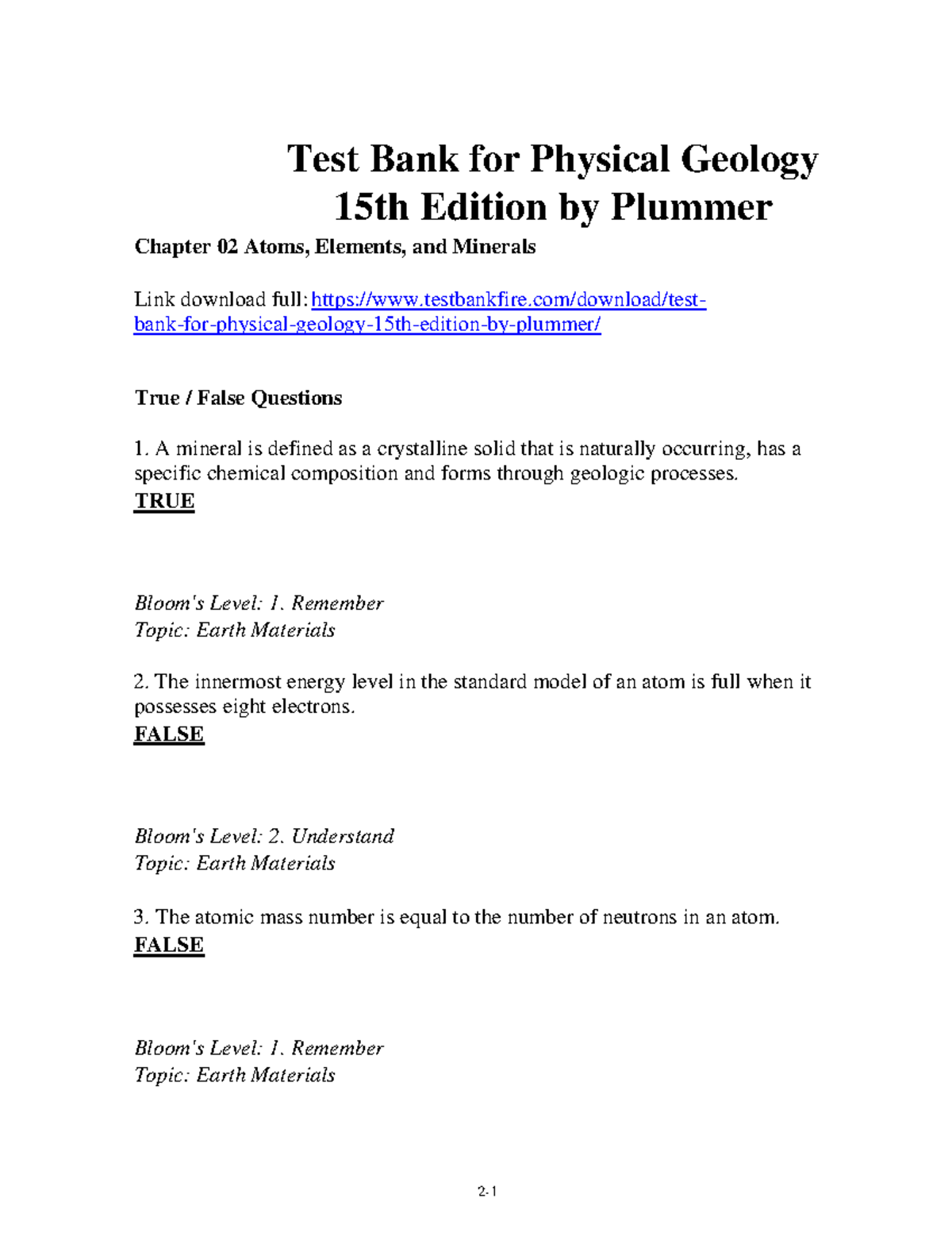 Test Bank for Physical Geology 15th Edition by Plummer download sample ...