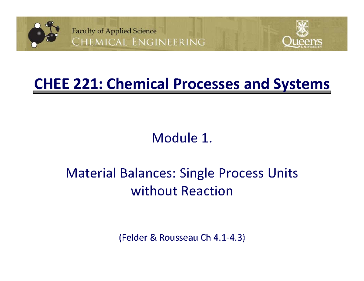 Module 1 DOF - CHEE 221: Chemical Processes and Systems Module 1 ...