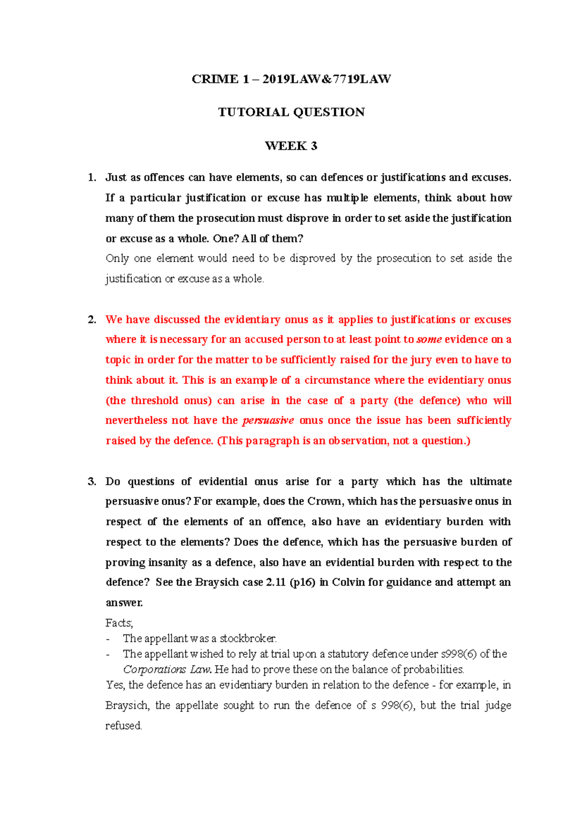 2019 LAW week 3 questions - CRIME 1 – 2019LAW&7719LAW TUTORIAL QUESTION ...
