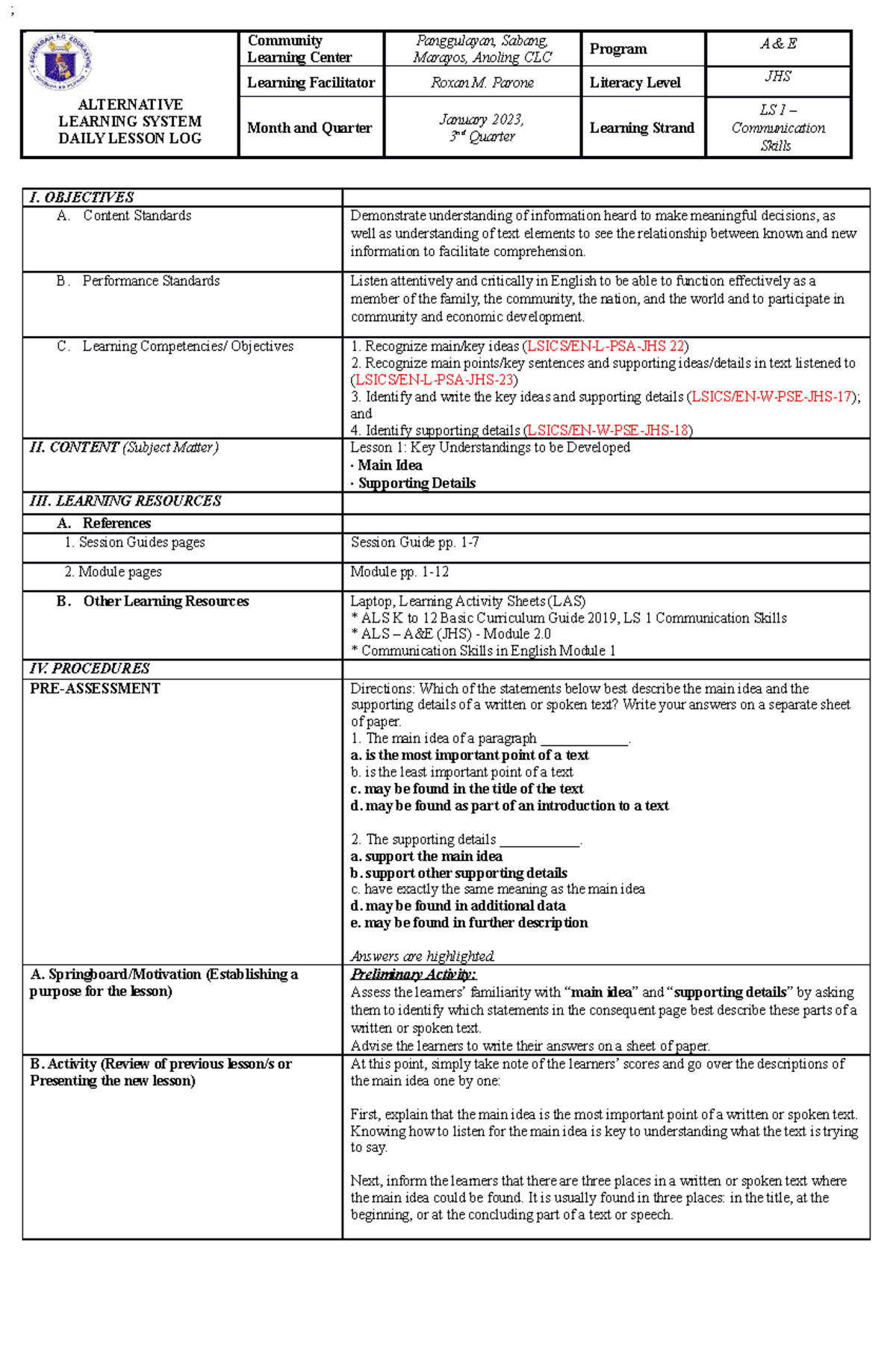 DLL LS1-Module-1-Lesson-1-Main-Idea - ; ALTERNATIVE LEARNING SYSTEM ...