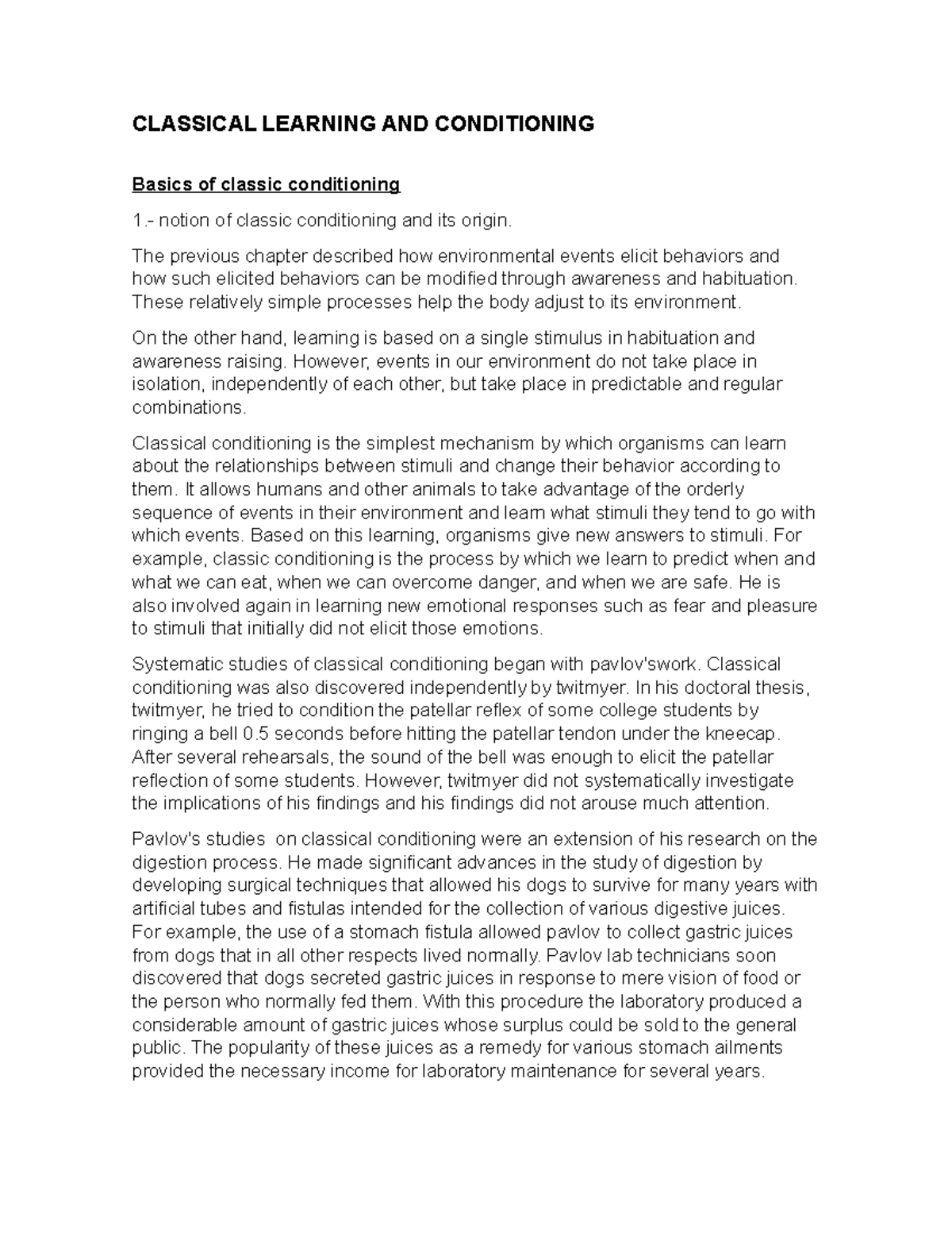 Classical Learning AND Conditioning - CLASSICAL LEARNING AND ...