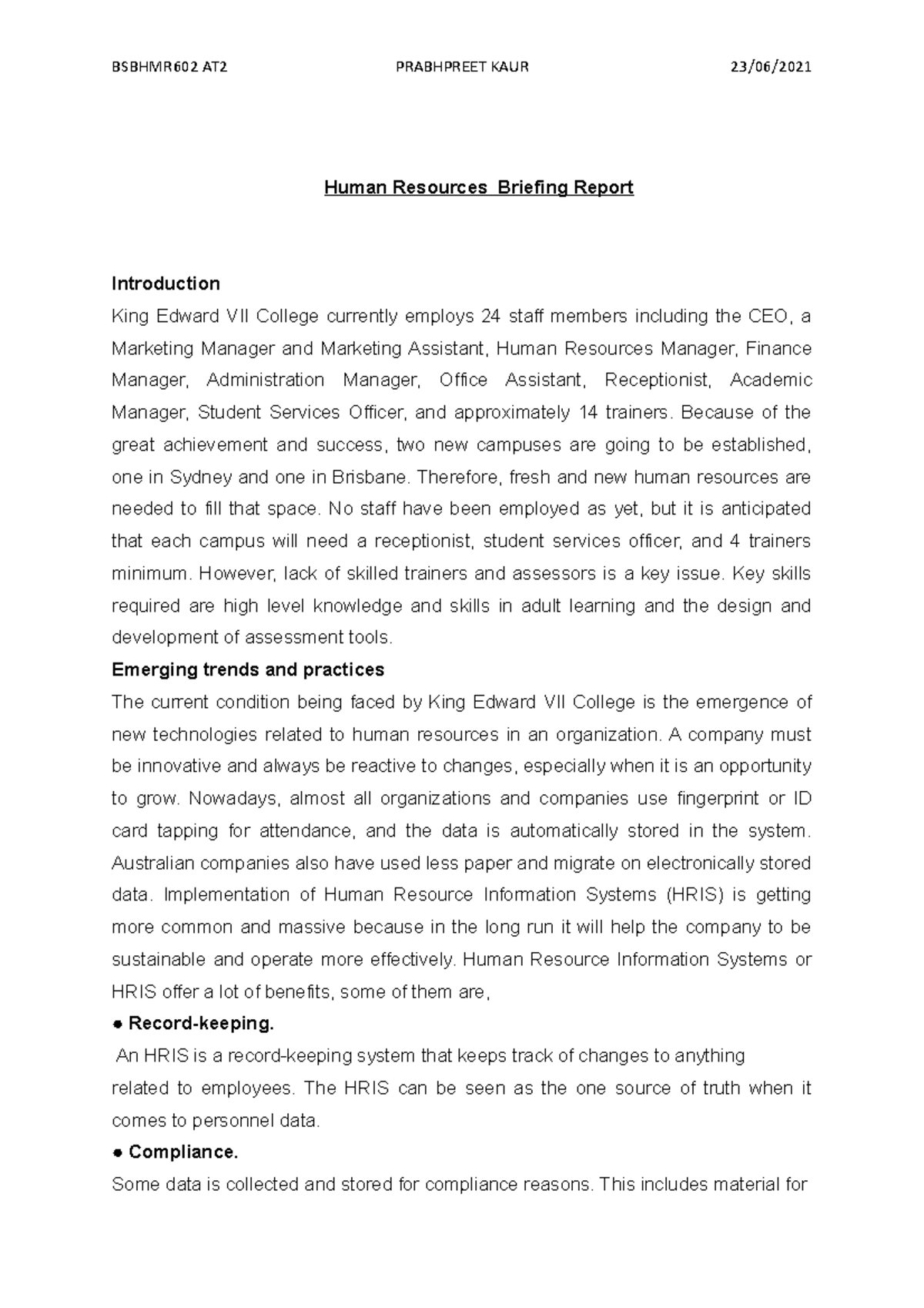 Bsbhmr 602 Task 2 - Task 2 - Human Resources Briefing Report ...