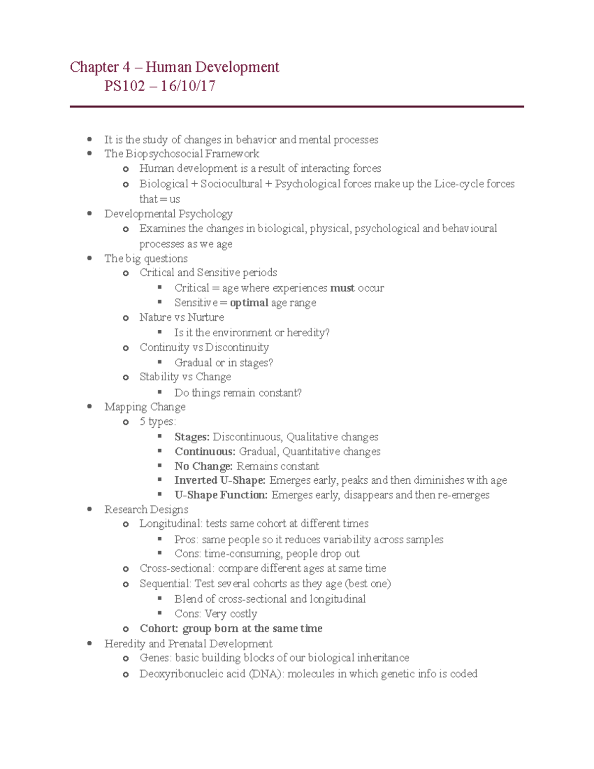 Chapter 4 – Human Development - Chapter 4 – Human Development PS102 – 16/10/ It is the study of ...
