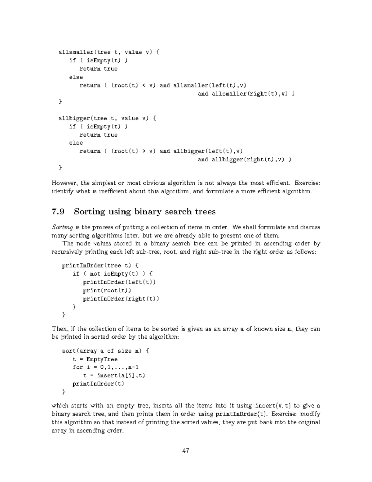 Data strucutres and algorithm - allsmaller(tree t, value v) { if ...
